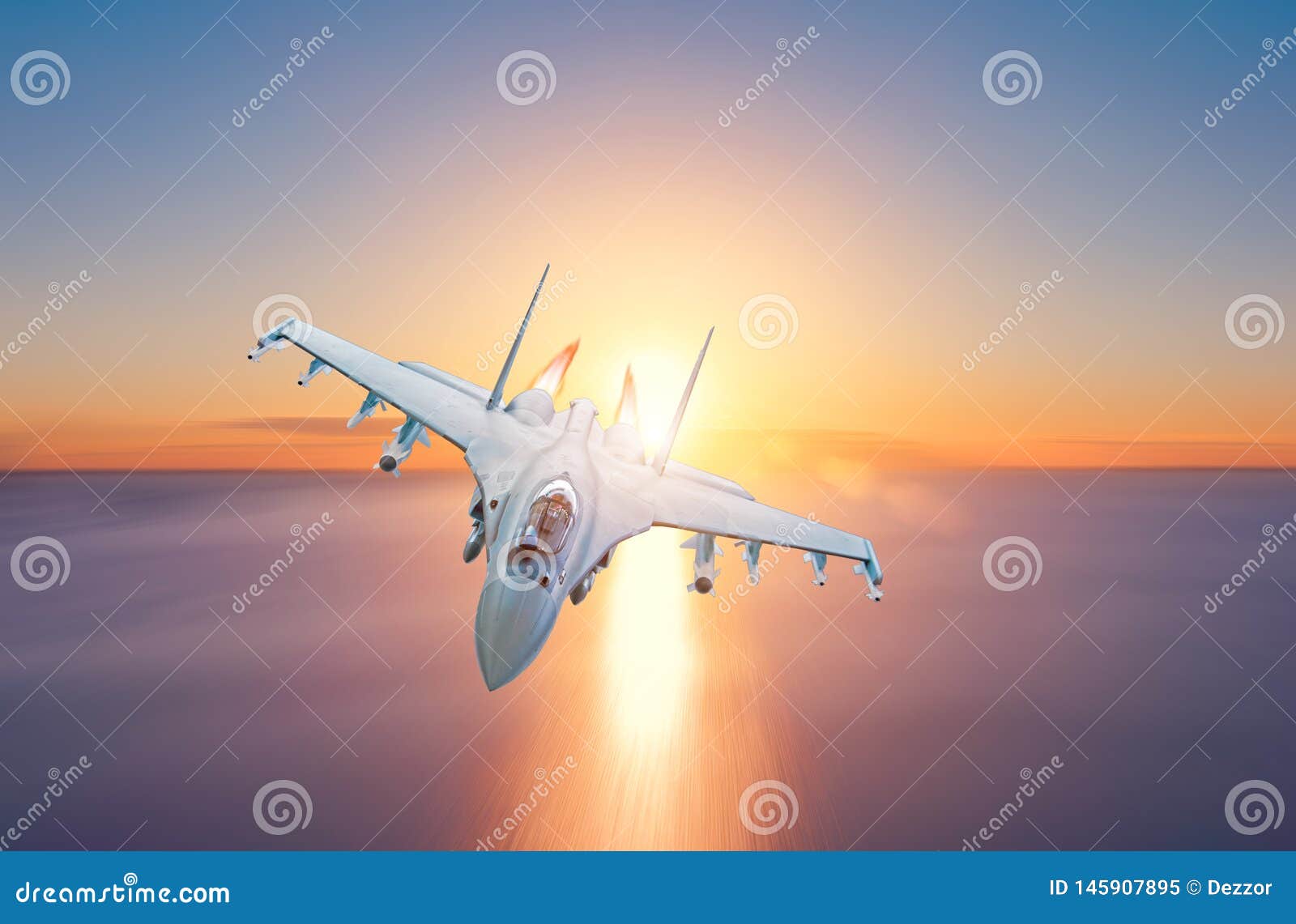 Afterburner Fighter Jet Flies Over the Sea during Sunset Stock Image ...