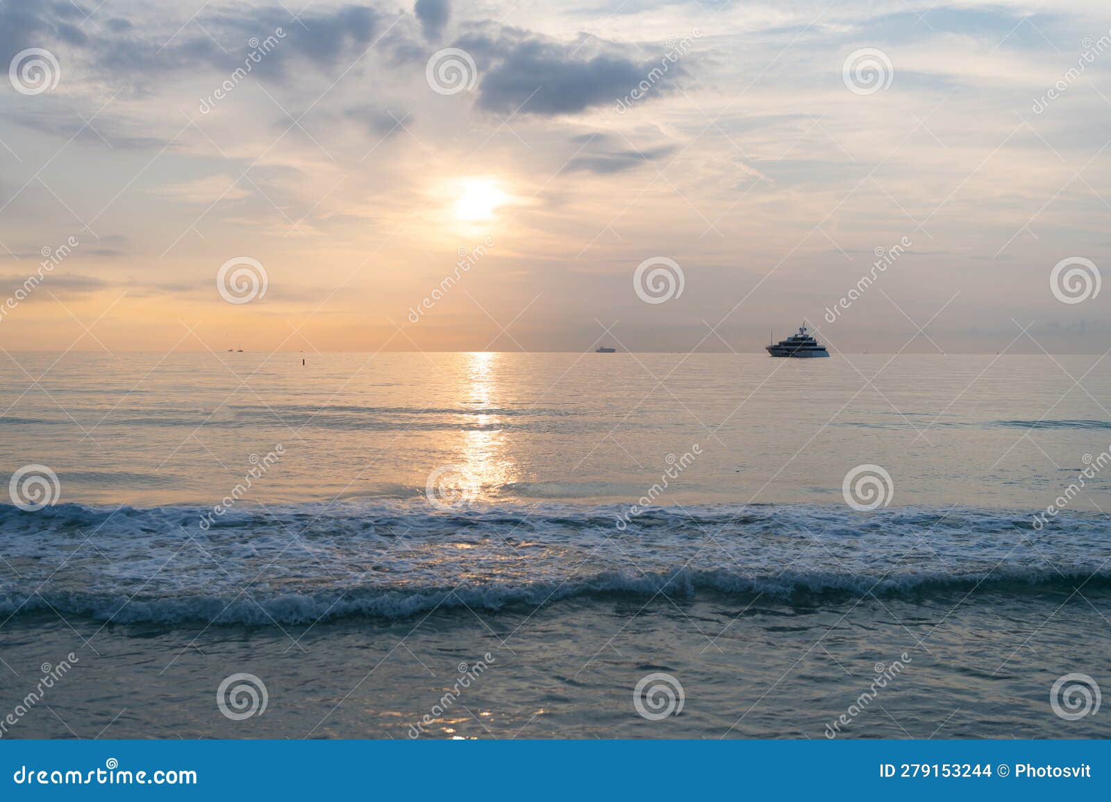 Afterglow Sky In Summer Vacation Skyscape With Ship On Horizon Stock