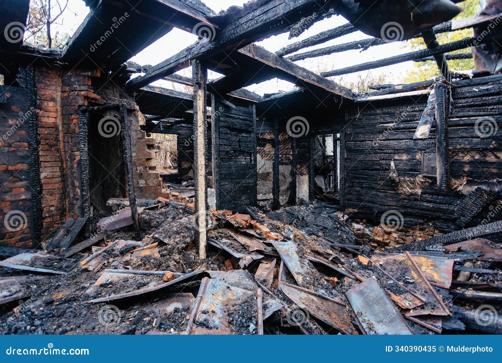 Aftermath of Fire. Completely Burnt House Interior Stock Image - Image ...