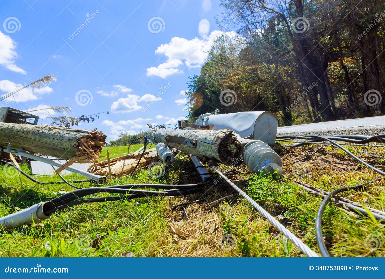 In Aftermath of a Hurricane, Damaged Power Lines are Lying on Ground ...