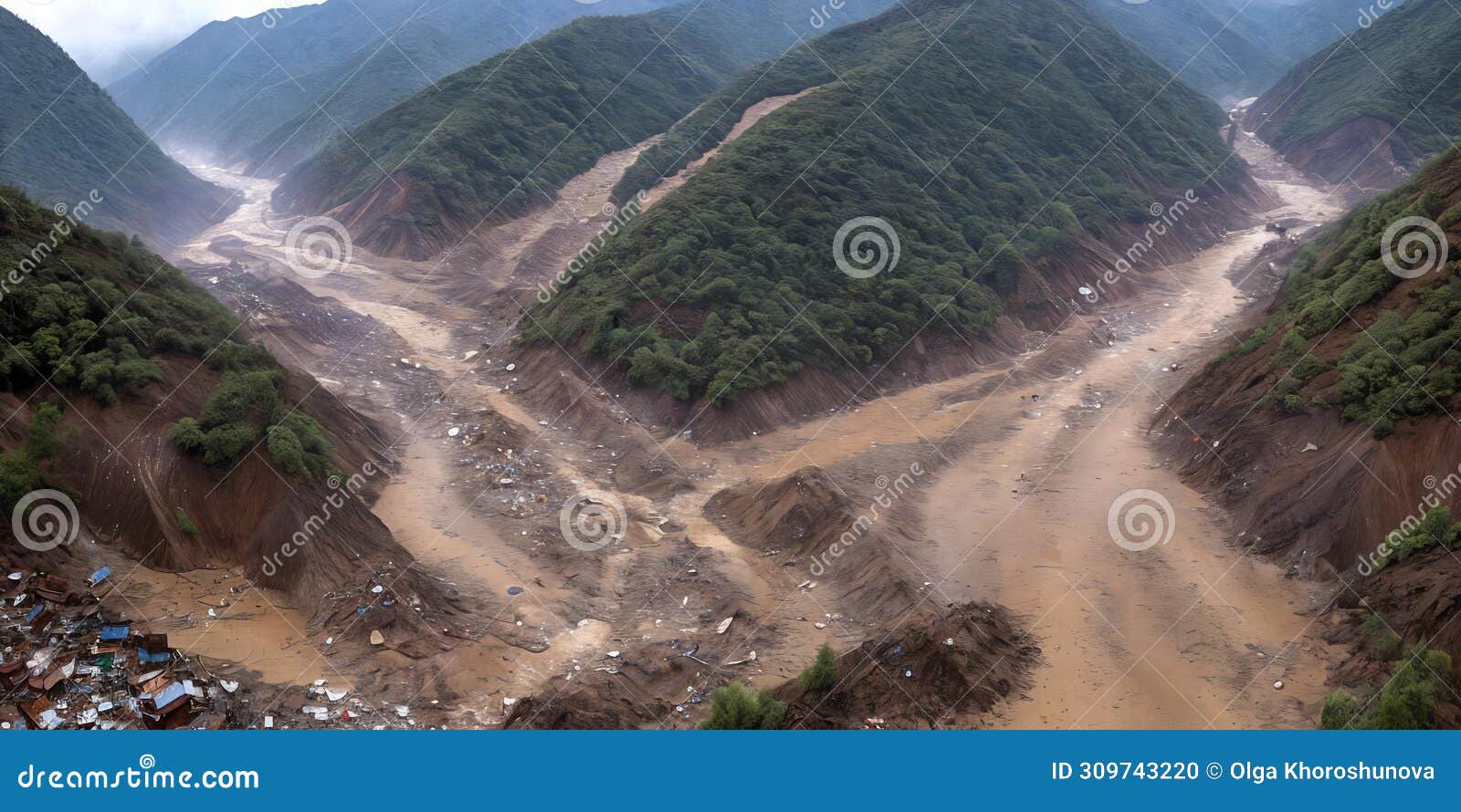 The Aftermath of a Massive Landslide in a Mountainous Region Stock ...
