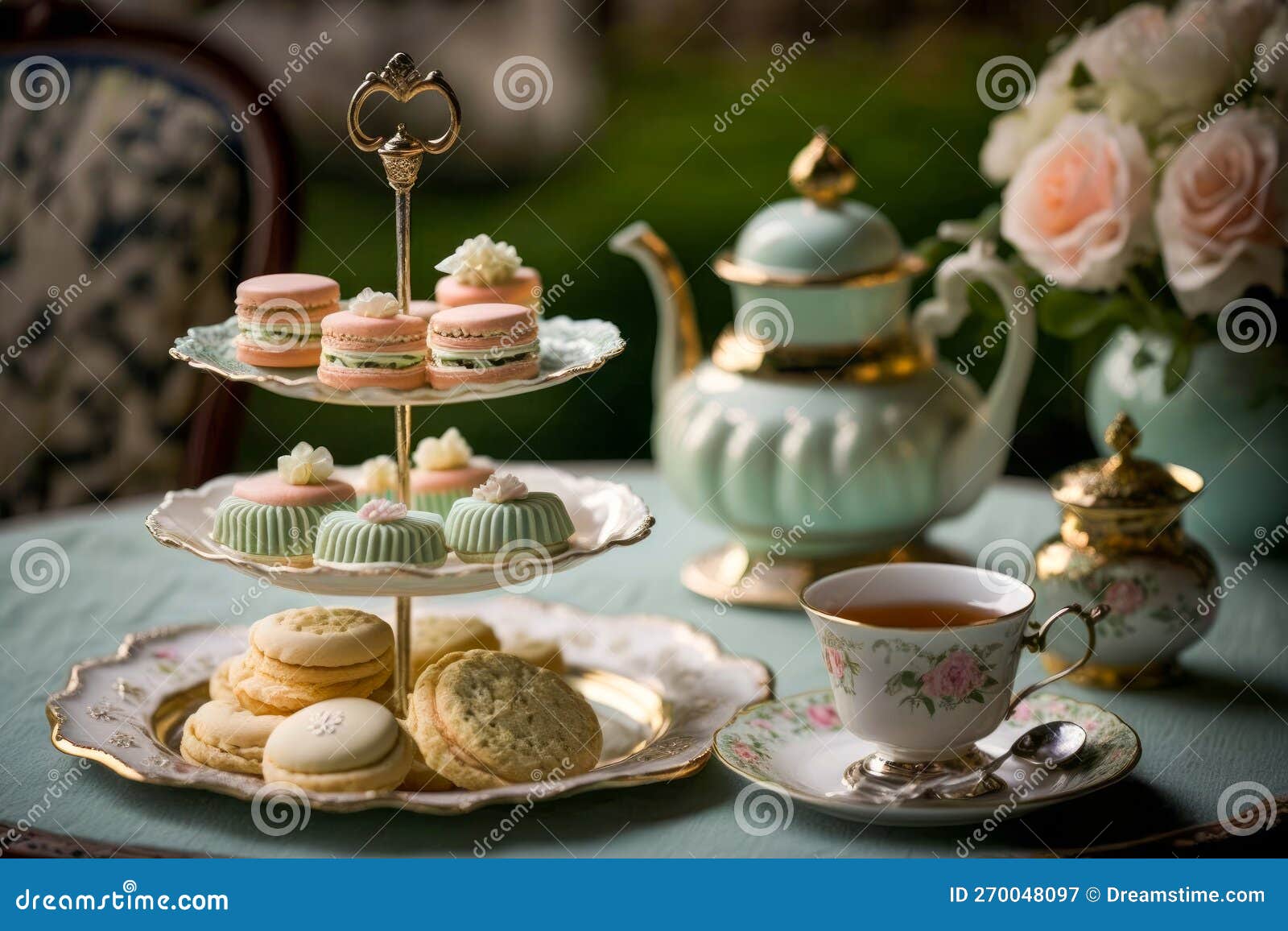 An Afternoon Tea Set with Cookies and Pastries on Tray. Generative AI ...