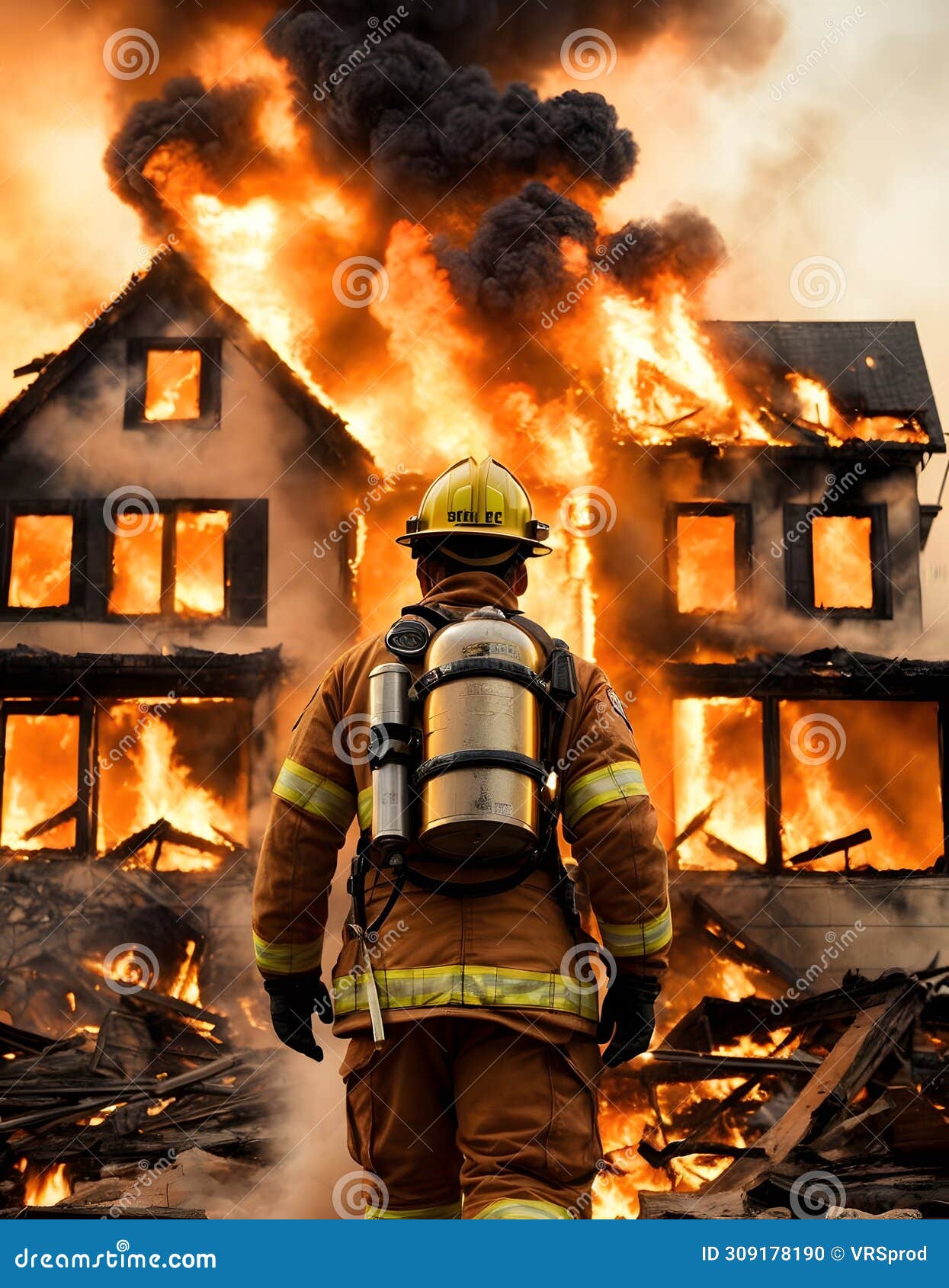Firefighter Facing a Raging House Fire Stock Illustration ...