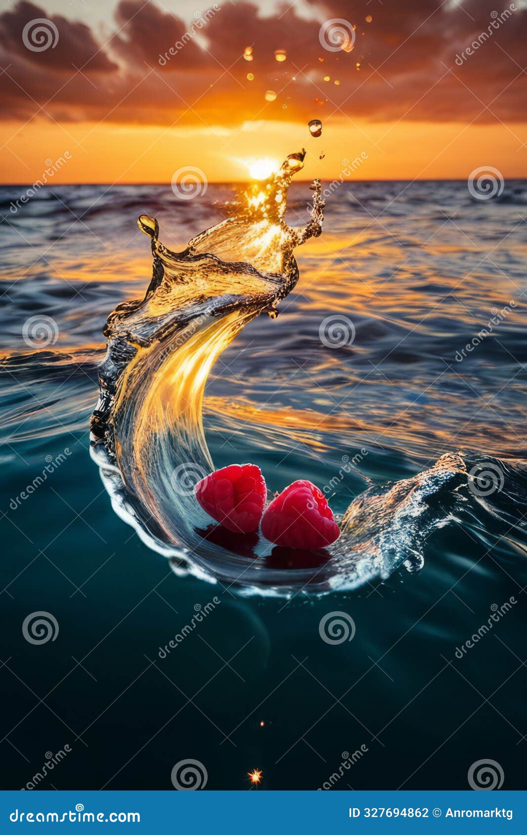 Splash Water Aggregate Raspberry Fruit Surrounded in Swirling Golden ...