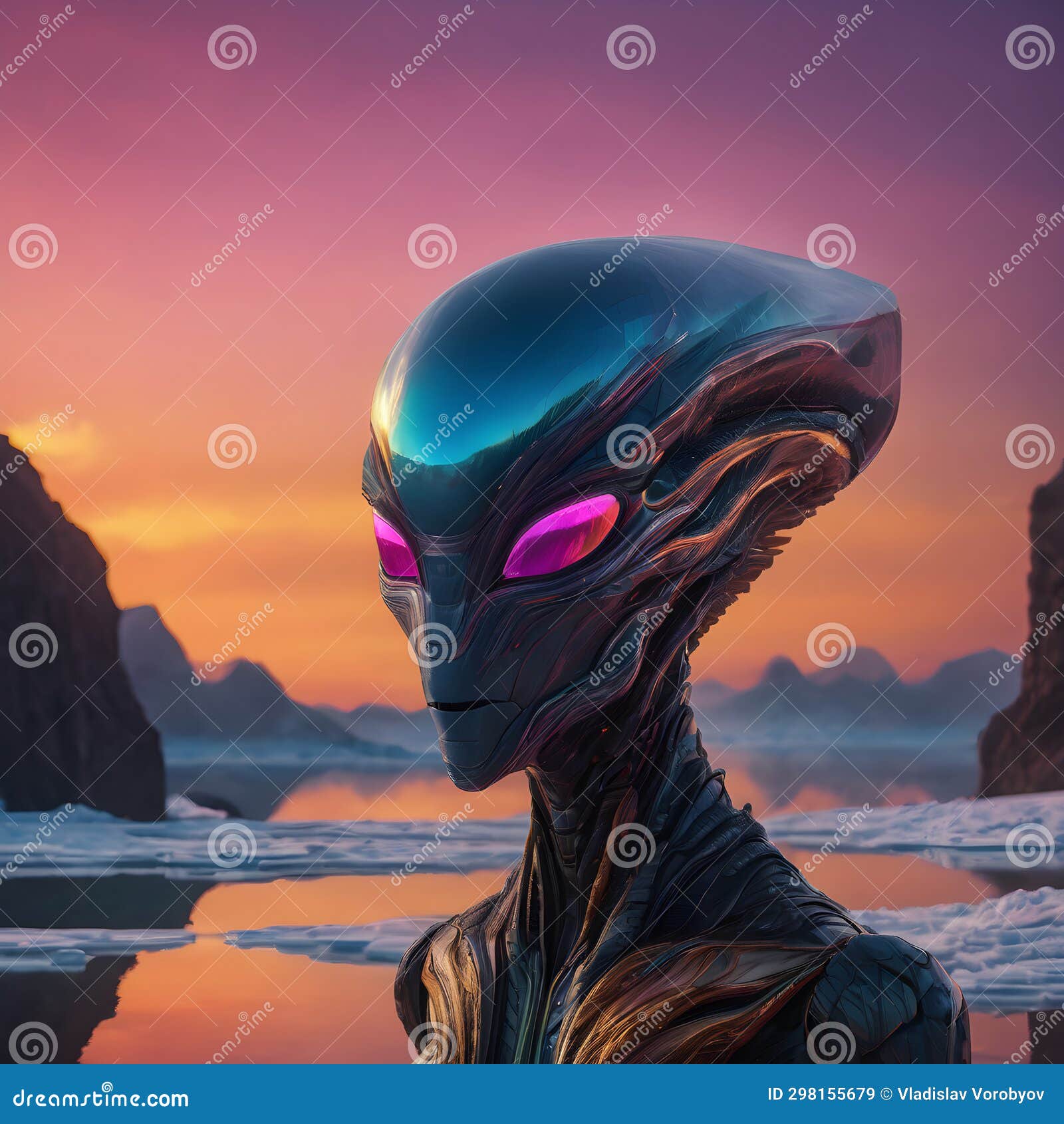 Humanoid Alien Against the Backdrop of a Thawed Martian River Stock ...