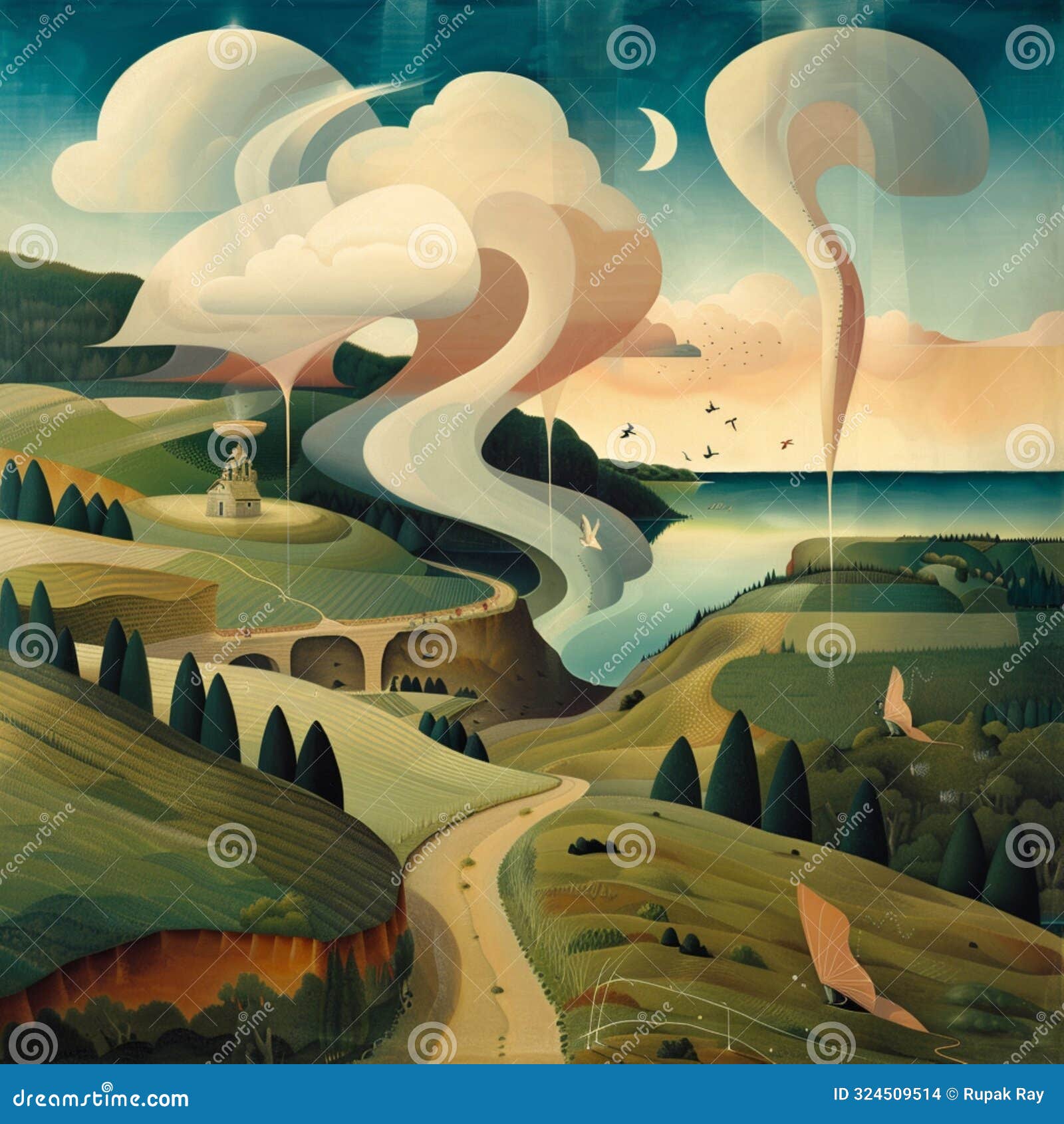 Against Confused Clouds with an Abstract Landscape Stock Illustration ...