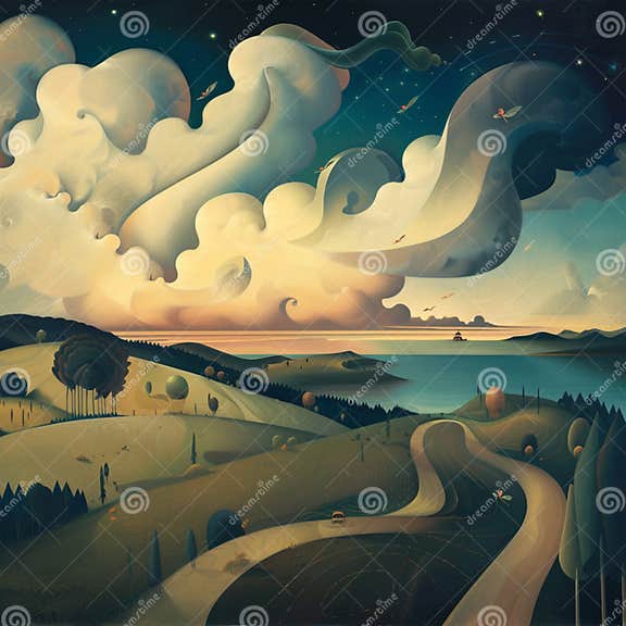 Against Confused Clouds with an Abstract Landscape Stock Illustration ...