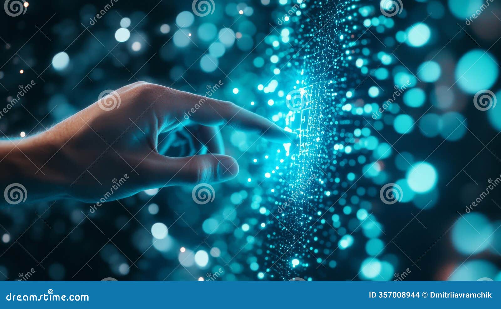 Against a Dark Background, a Hand Points To a Glowing Blue Puzzle ...