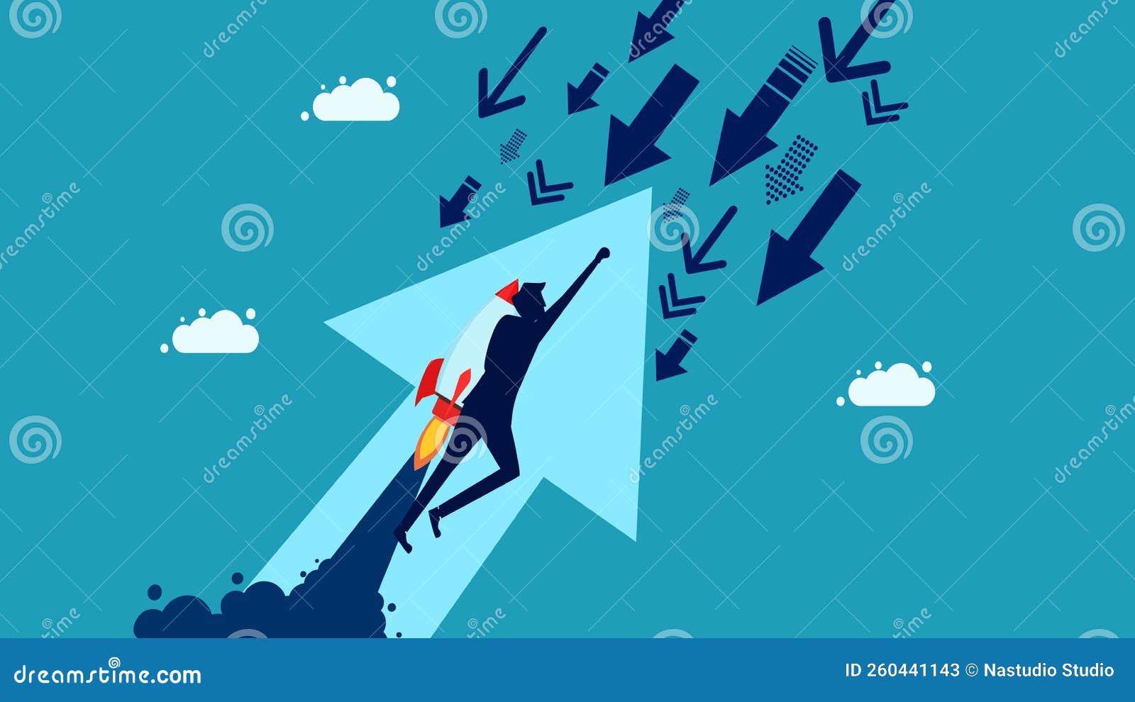 Against the Flow. Businessmen Fly with Rockets To Overcome Obstacles ...