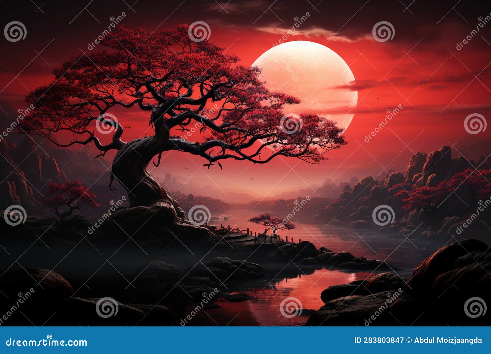 Against The Ruby-hued Moon, An Aged Tree Silhouette Adorns The Scenery ...