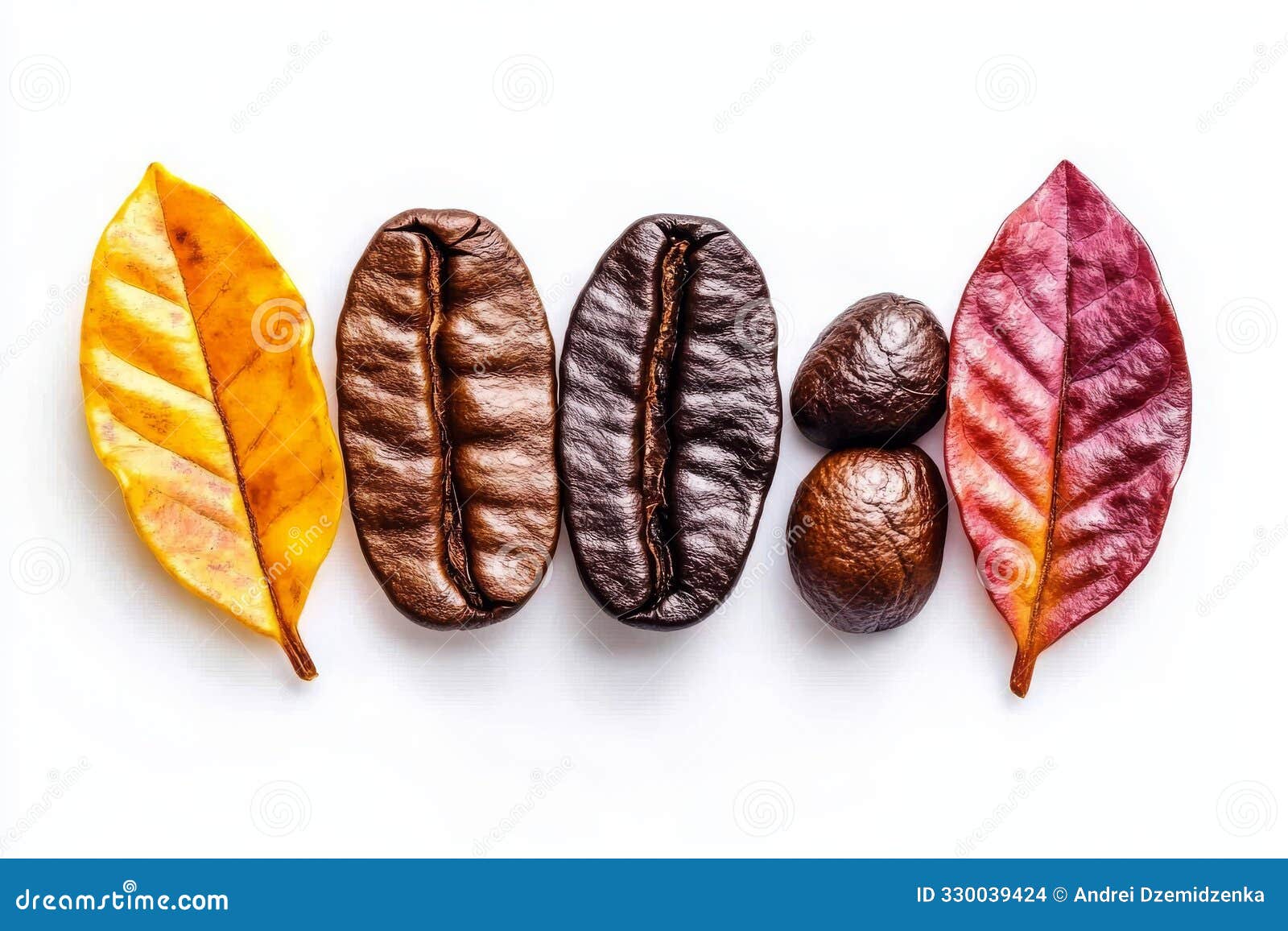 Against a Transparent Background, Bright Leaves Surround Coffee Beans ...