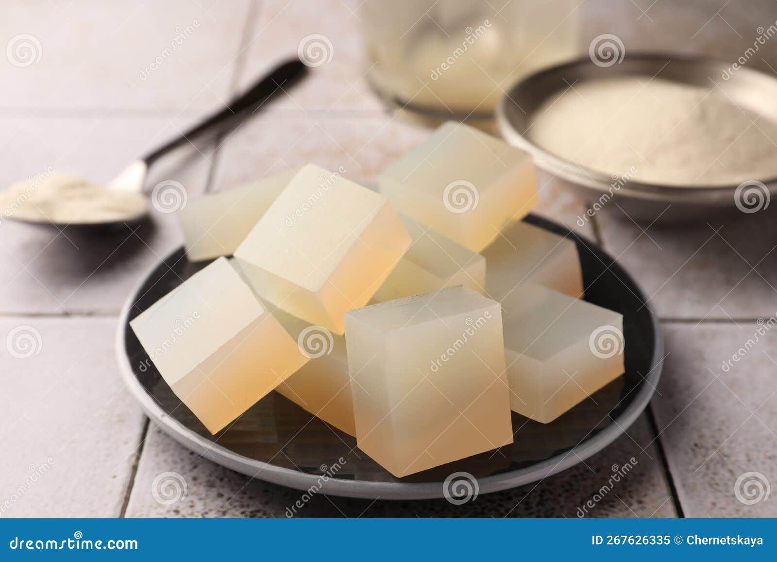 Agar-agar Jelly Cubes on Tiled Surface, Closeup Stock Image - Image of ...