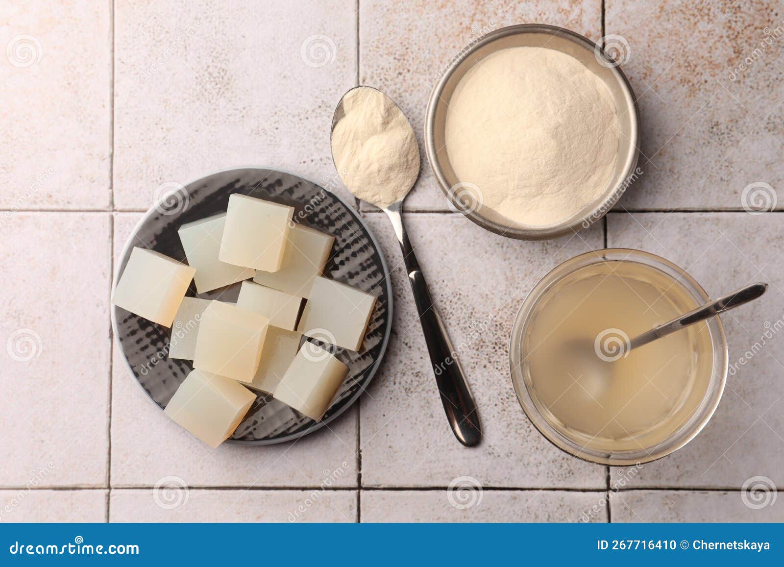 Agar-agar Jelly and Powder on Tiled Surface, Flat Lay Stock Photo ...