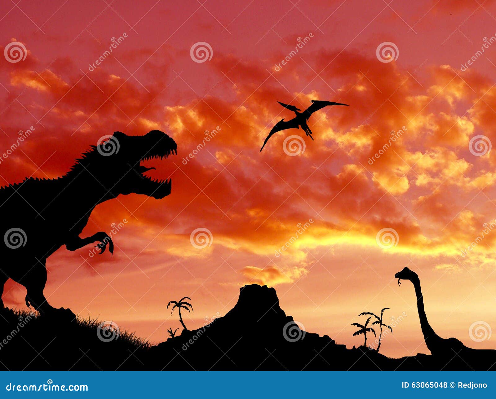 Silhouettes Of Two Dinosaurs With Sunset Background Stock Photography ...