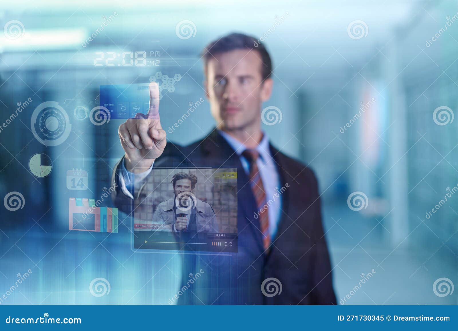 The Age of Futuristic Communication. a Handsome Young Businessman Using ...
