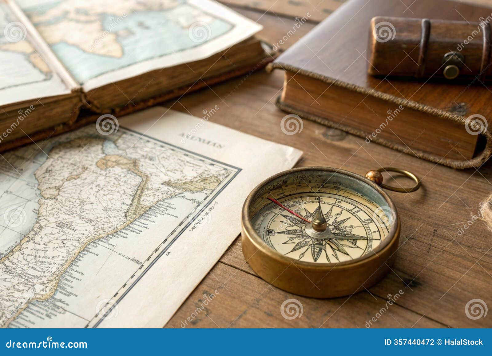 Aged Brass Nautical Compass on Table with Old Maps Stock Illustration ...