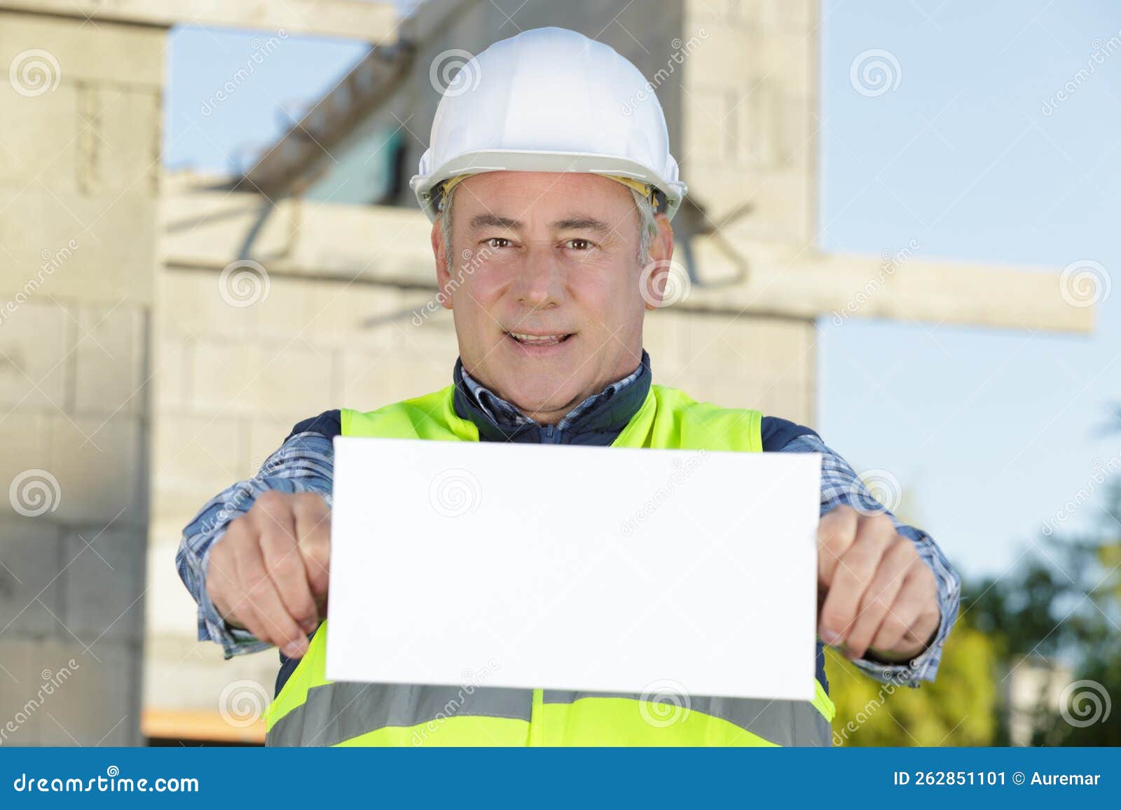 Aged Builder Holding Placard with Advertising Area Stock Image - Image ...