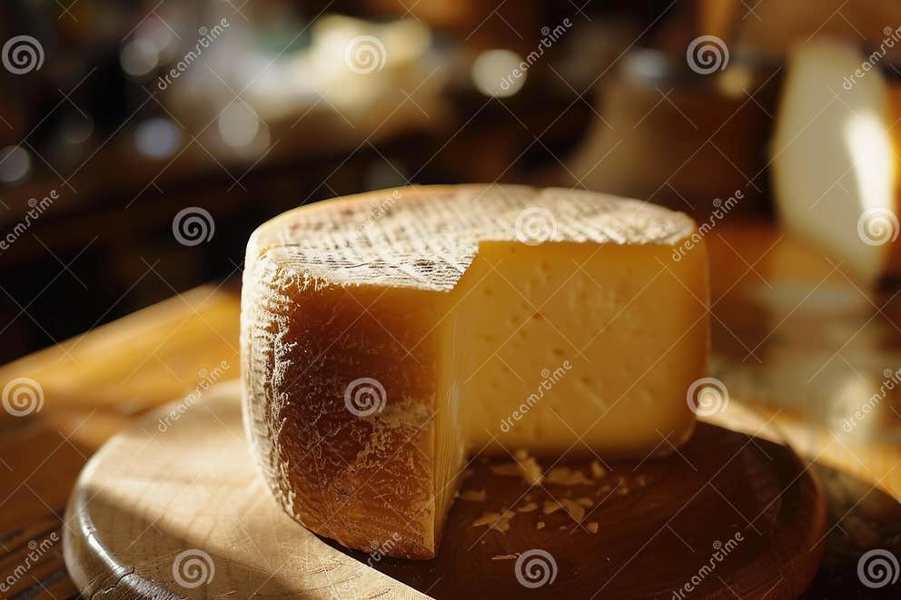Artisan Cheese Wheel on Wooden Board Stock Image - Image of artisanal ...