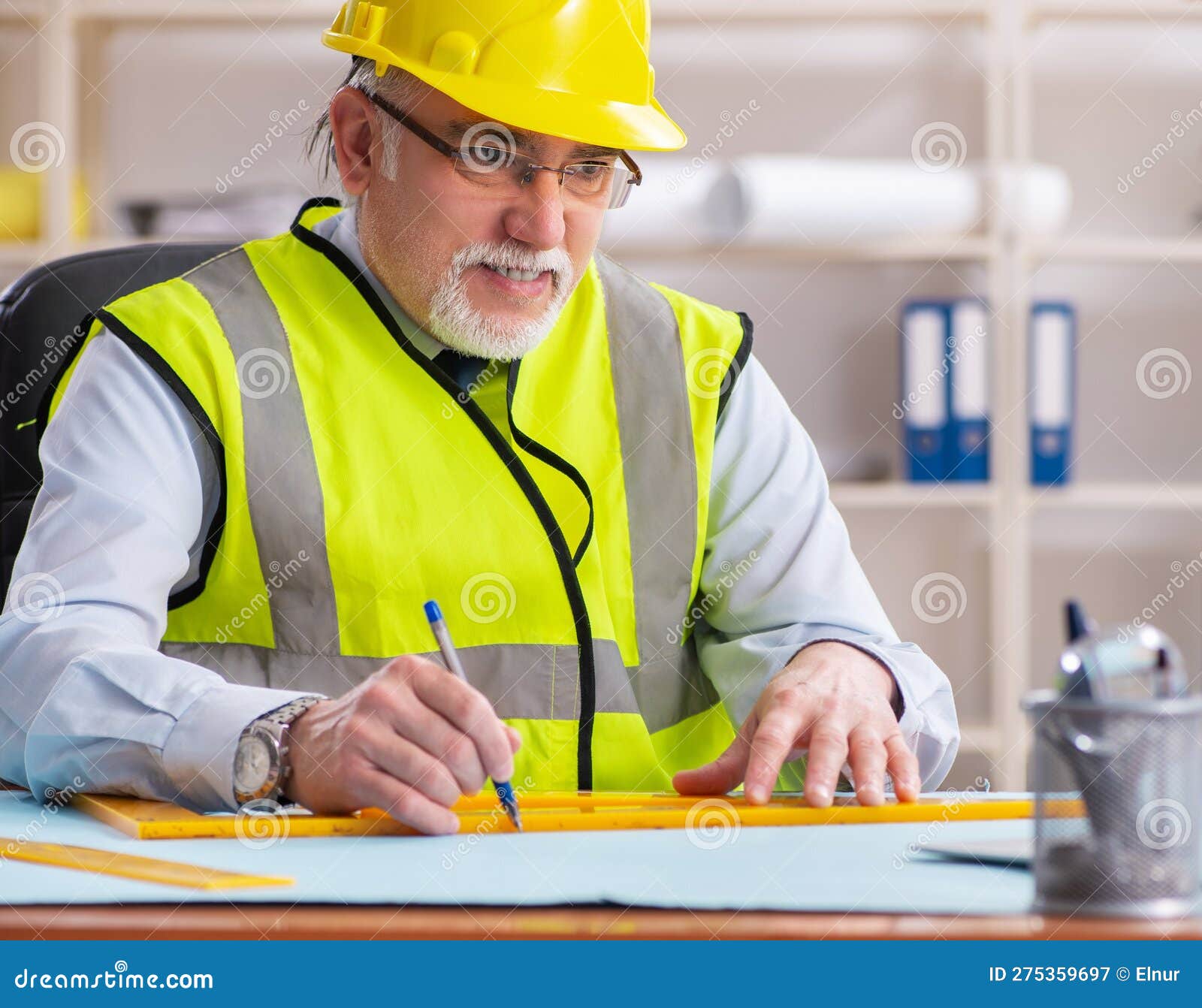 Aged Construction Engineer Working in the Office Stock Image - Image of ...