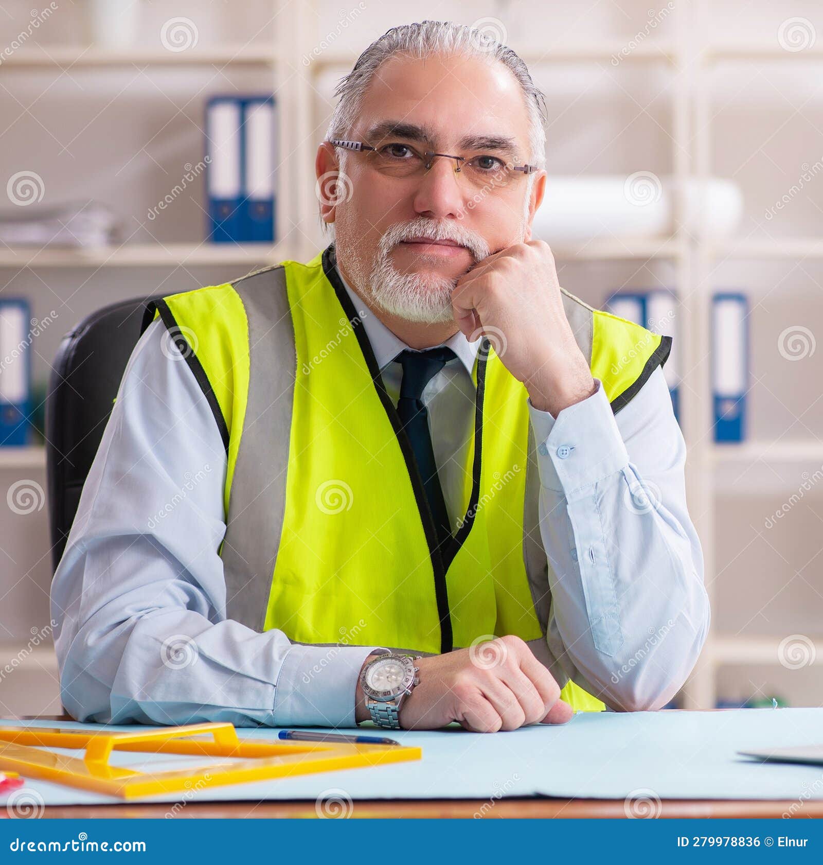 Aged Construction Engineer Working in the Office Stock Photo - Image of ...