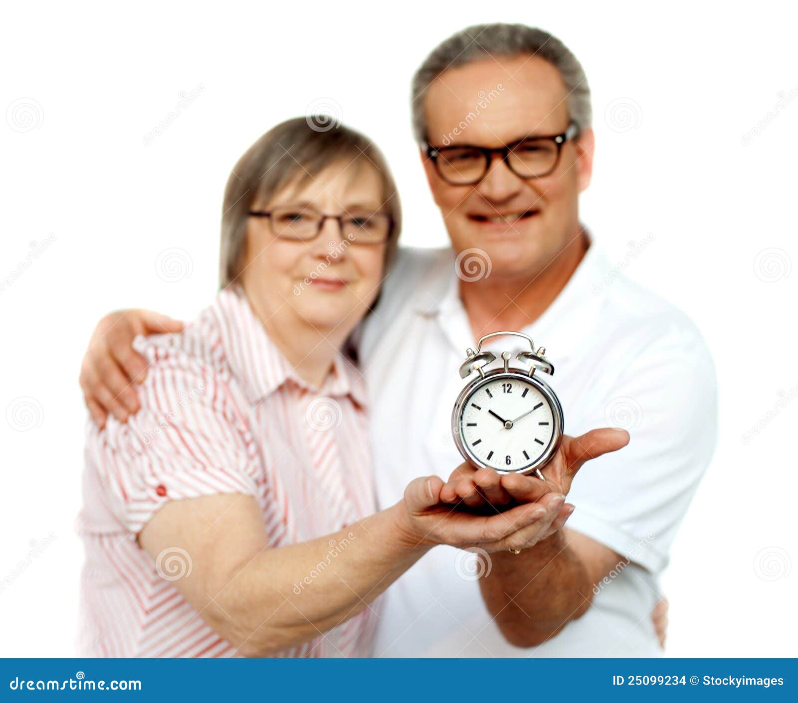 Aged Couple with Alarm Clock on Plam Stock Photo - Image of female ...