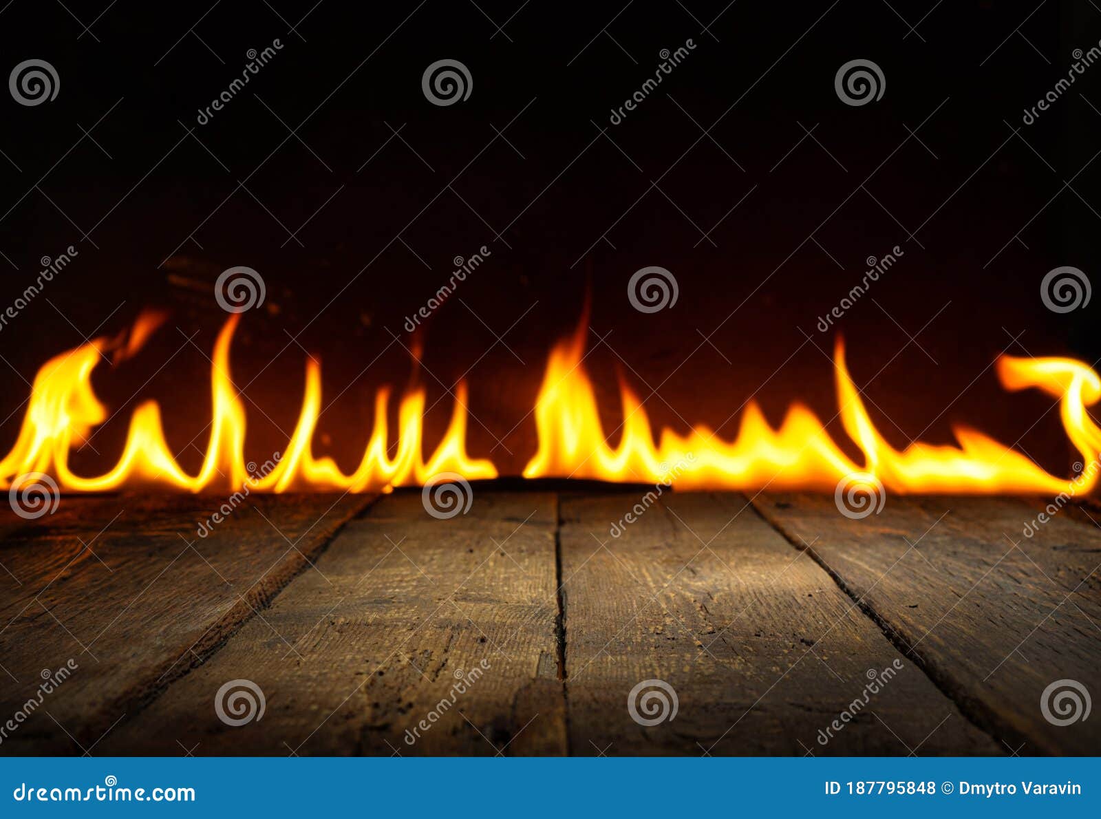 Aged Empty Wooden Table In Front On A Fire Flame Background. Stock ...