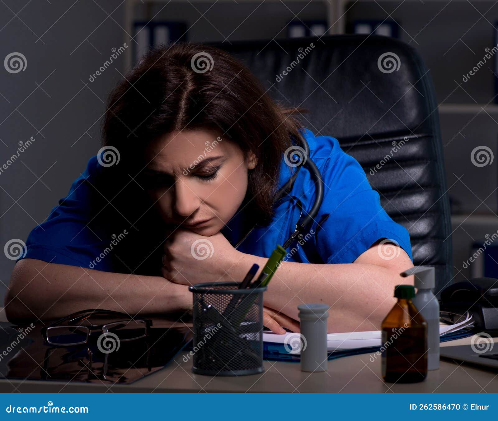 Aged Female Doctor Working at Night Shift Stock Photo - Image of ...