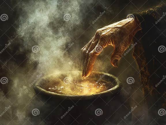 An Aged Hand Stirring a Cauldron of Glowing Liquid Stock Illustration ...