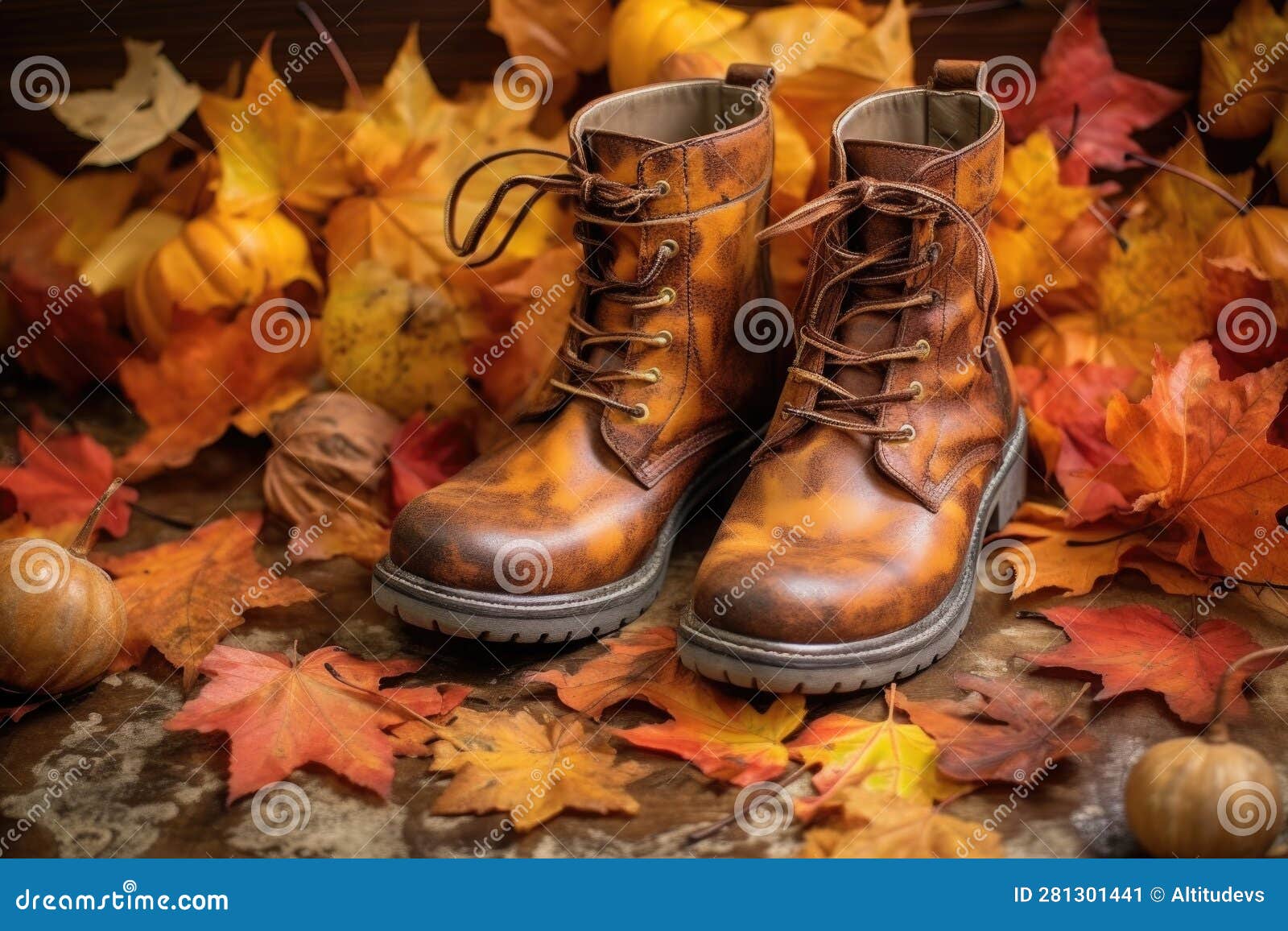 Aged Leather Boots with Autumn Leaves Around Them Stock Illustration ...