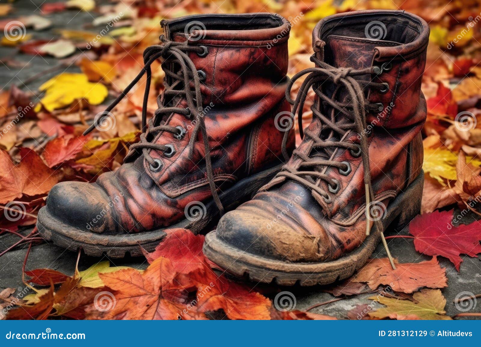 Aged Leather Boots with Autumn Leaves Around Them Stock Illustration ...