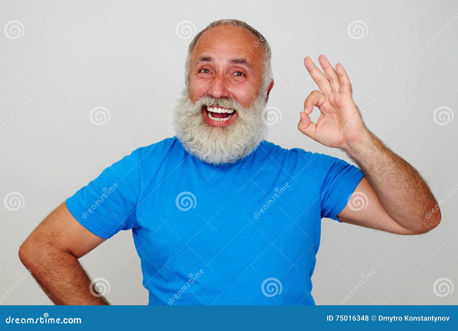 Aged Man with White Beard and Broad Smile Showing OK Gesture Stock ...