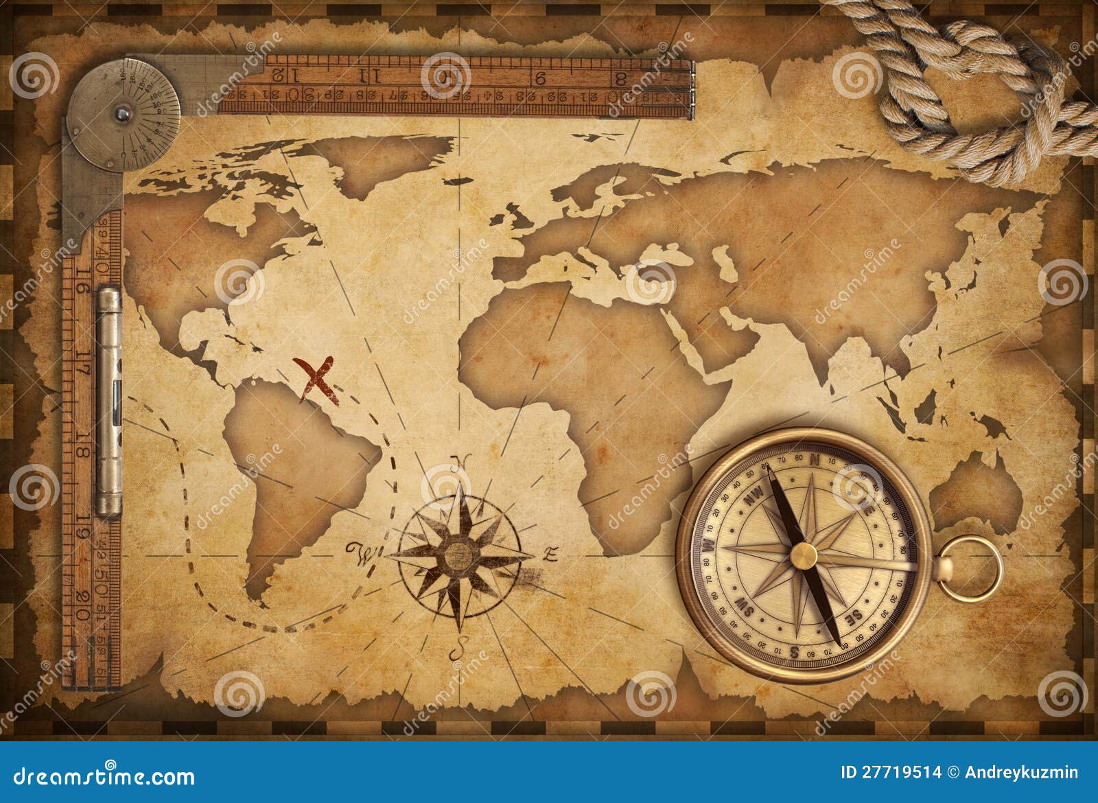 Aged Map, Ruler, Rope and Old Compass Stock Illustration - Illustration ...