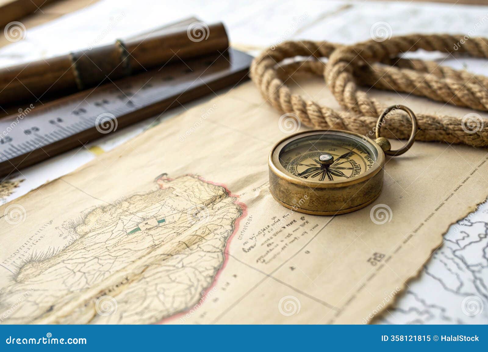 Aged Map, Ruler, Rope And Old Compass Stock Photo | CartoonDealer.com ...