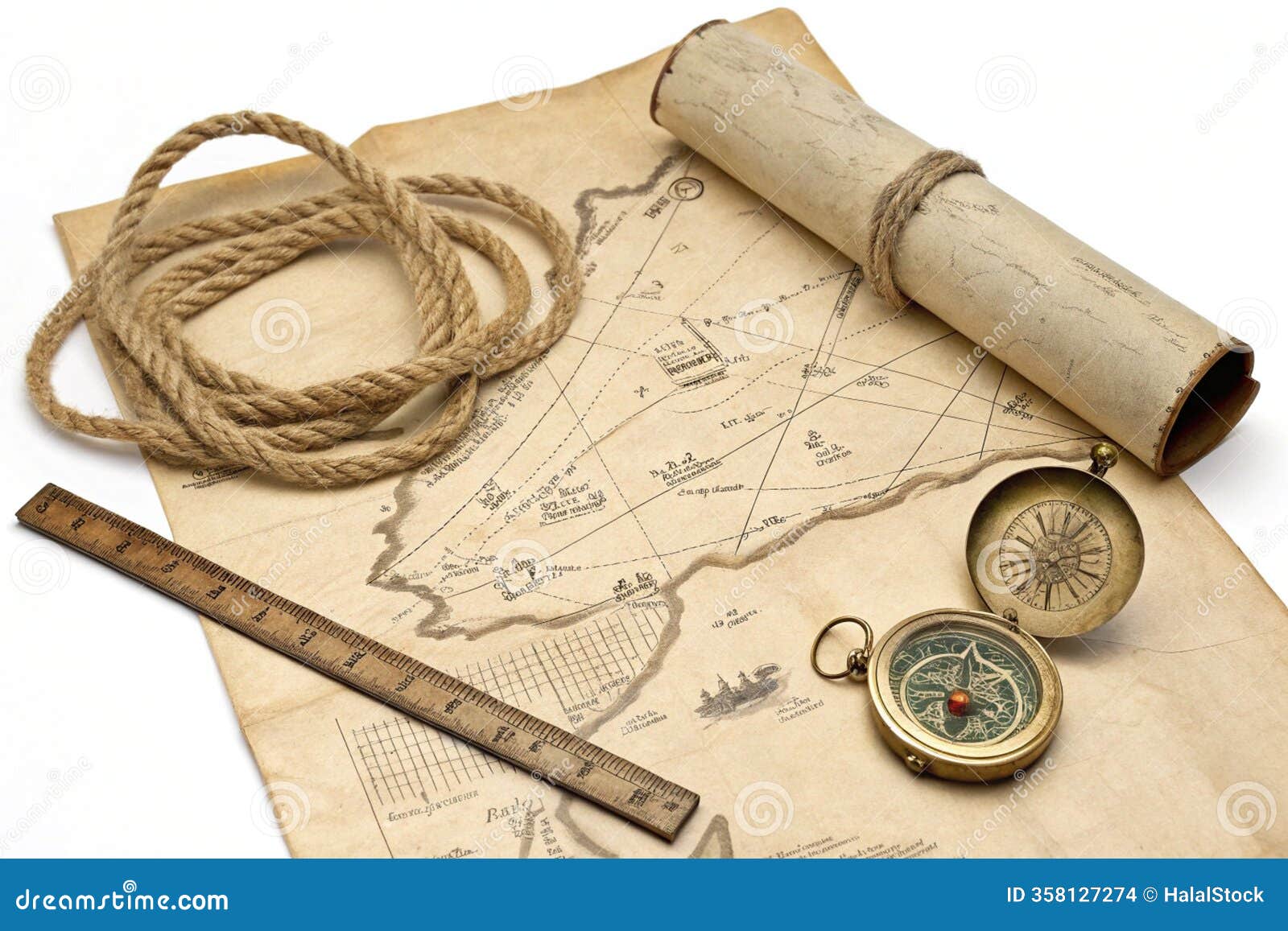 Aged Map, Ruler, Rope And Old Compass Stock Photo | CartoonDealer.com ...