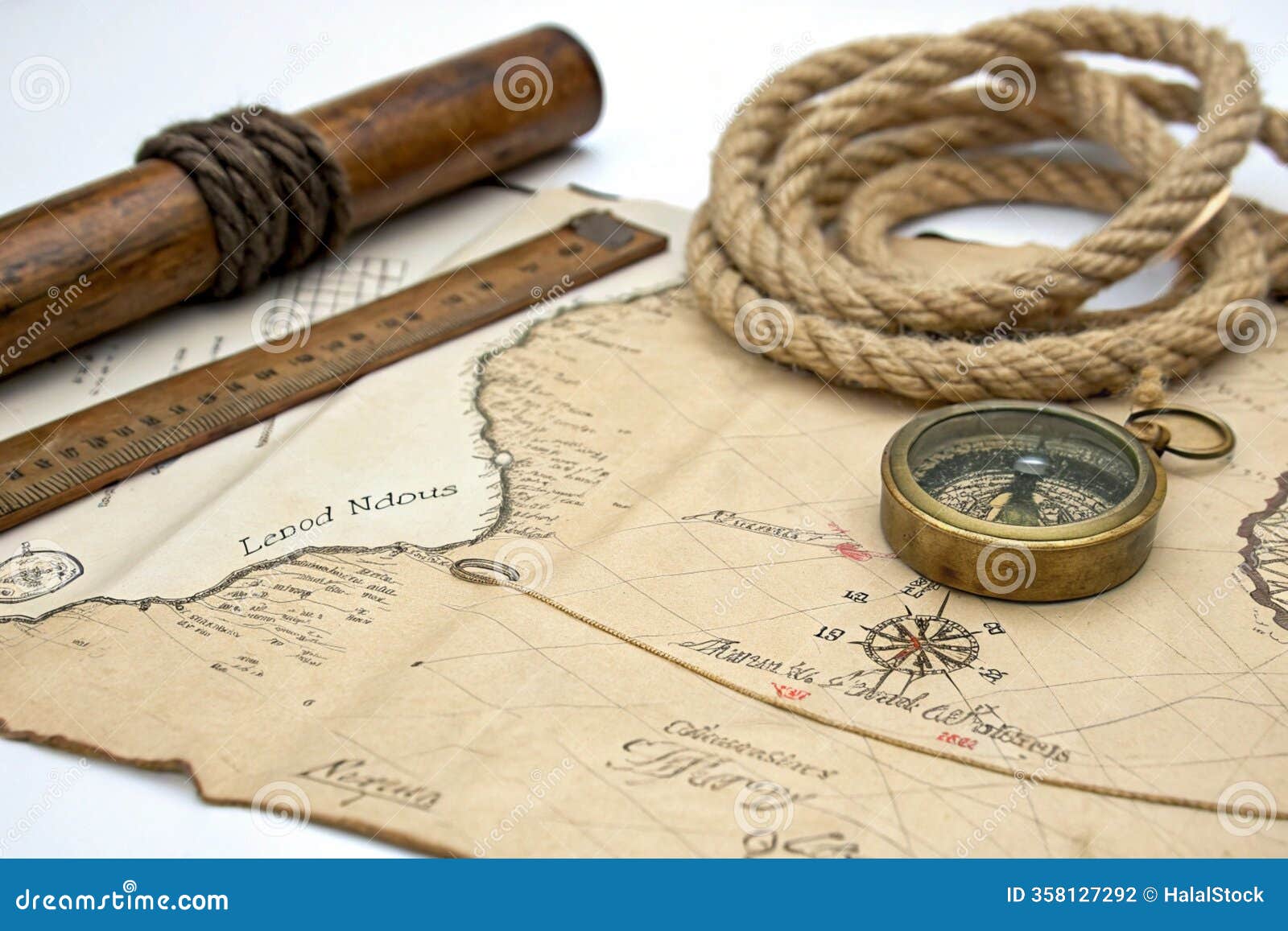 Aged Map, Ruler, Rope And Old Compass Stock Photo | CartoonDealer.com ...