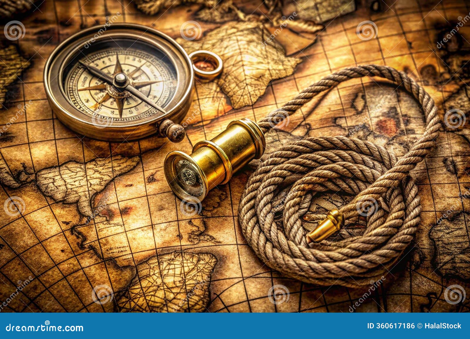 Aged Map, Ruler, Rope and Old Compass Stock Illustration - Illustration ...