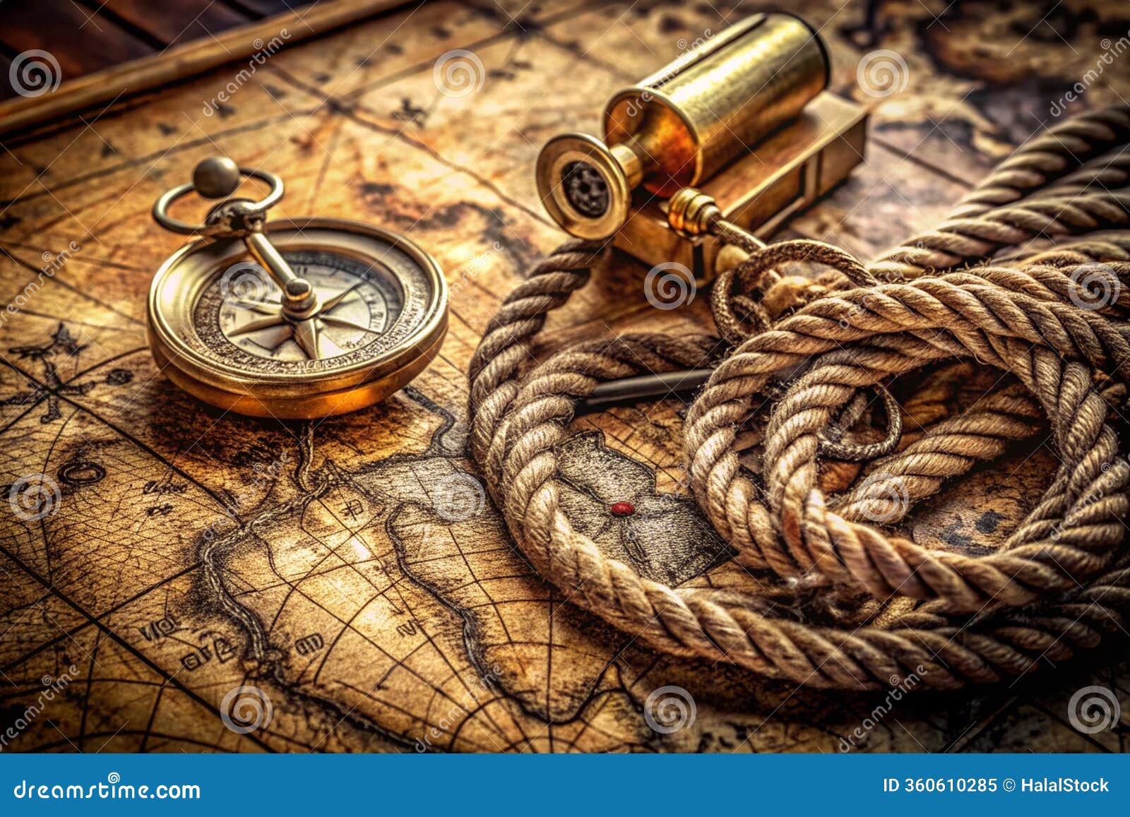 Aged Map, Ruler, Rope And Old Compass Stock Photo | CartoonDealer.com ...