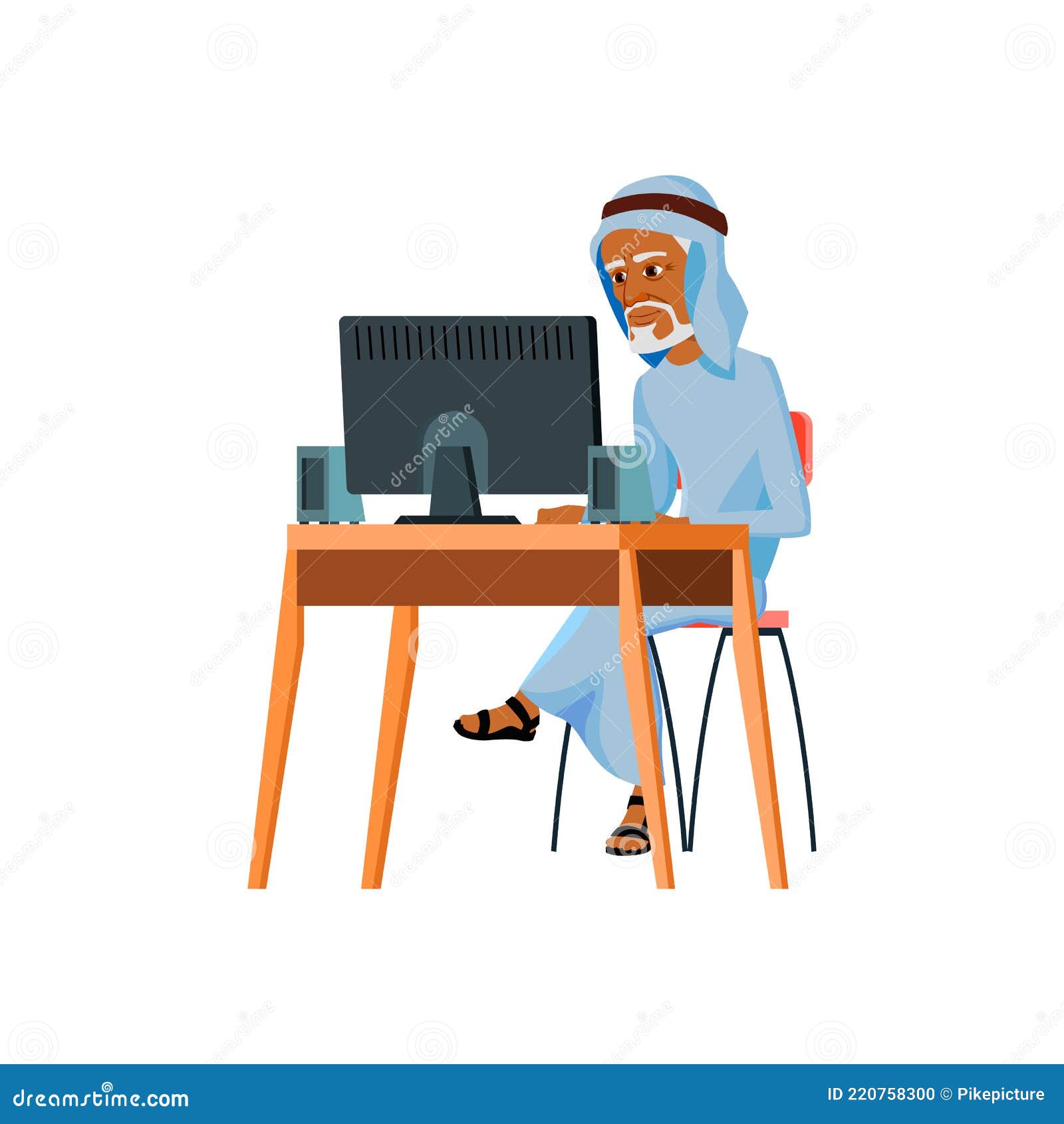 Aged Muslim Man Working on Computer in Office Cartoon Vector Stock ...