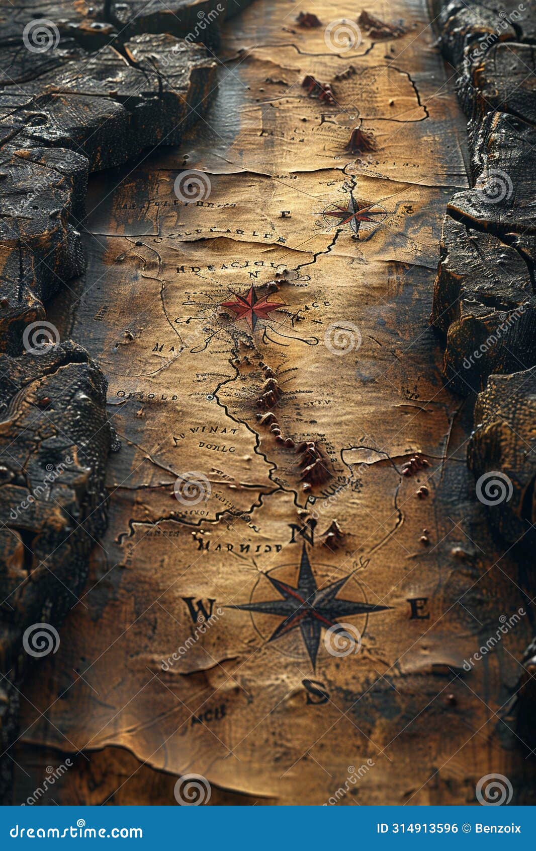 Aged Pirate Map with X Marks the Treasure the Lines Blur into Parchment ...