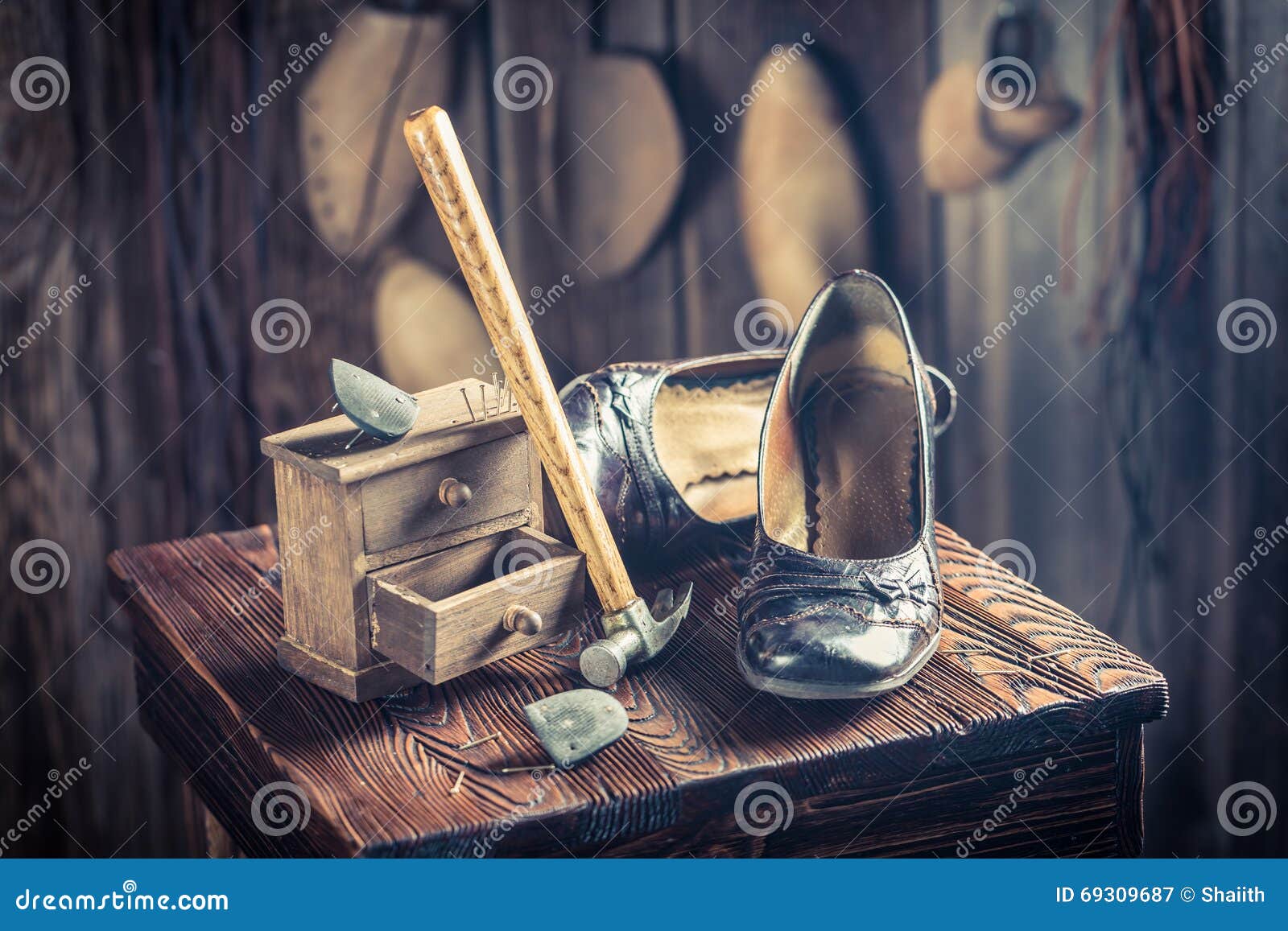 Aged Shoemaker Workplace with Tools, Leather and Shoes Stock Image ...