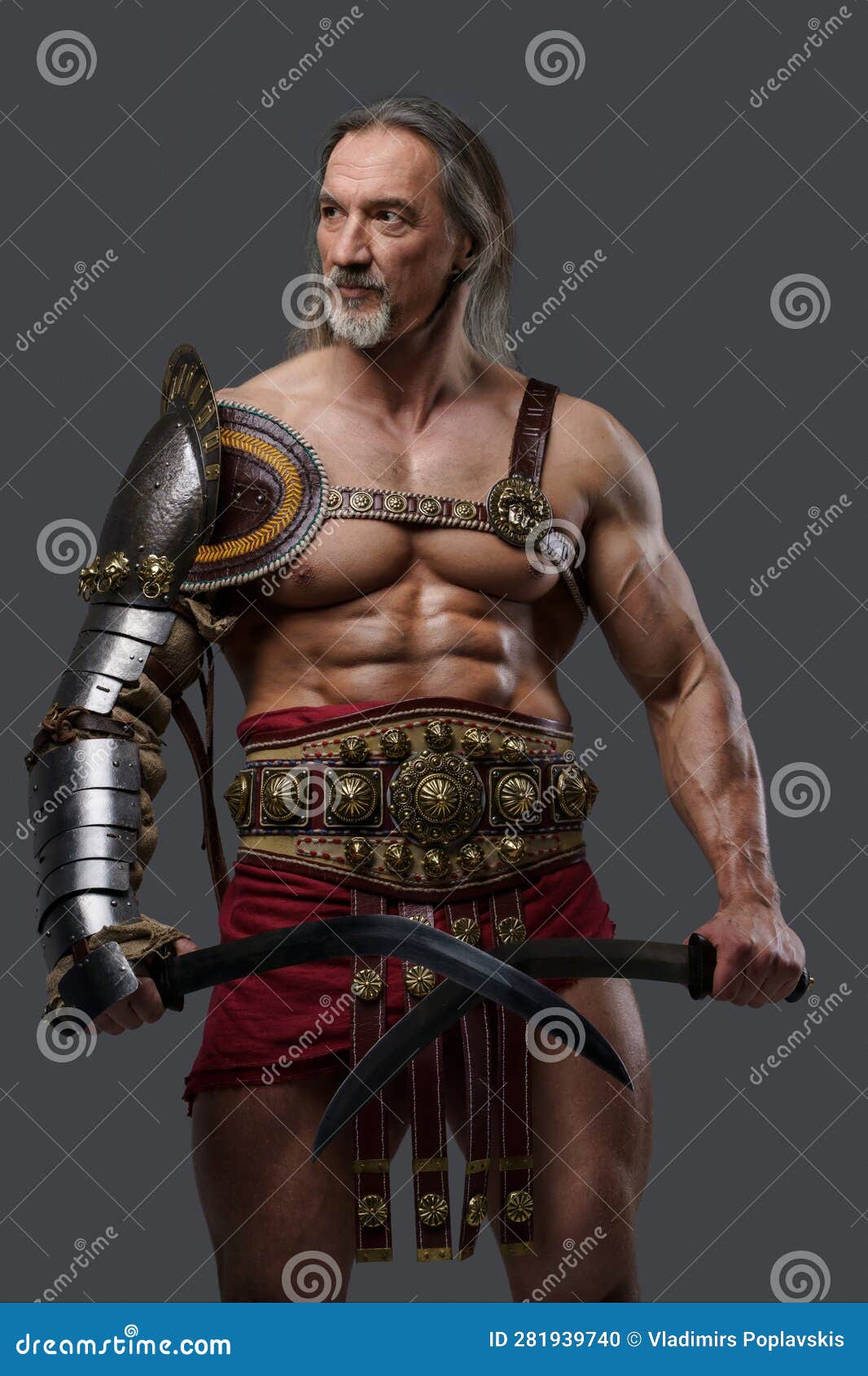Aged but Still Mighty Muscular Gladiator with Long Grey Hair and Beard ...