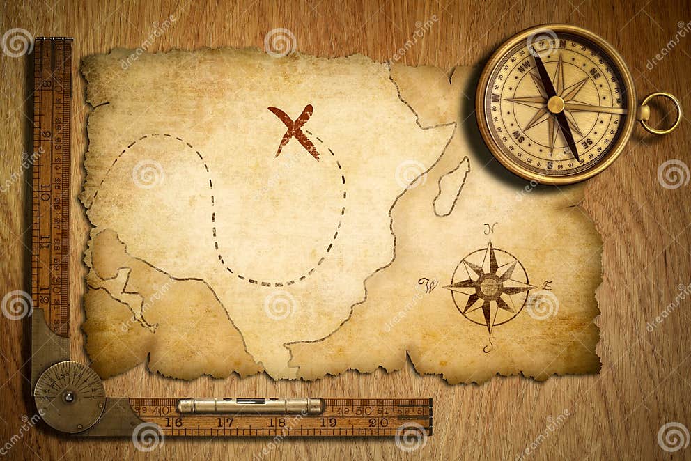 Aged Treasure Map, Ruler and Old Brass Compass Stock Image - Image of ...