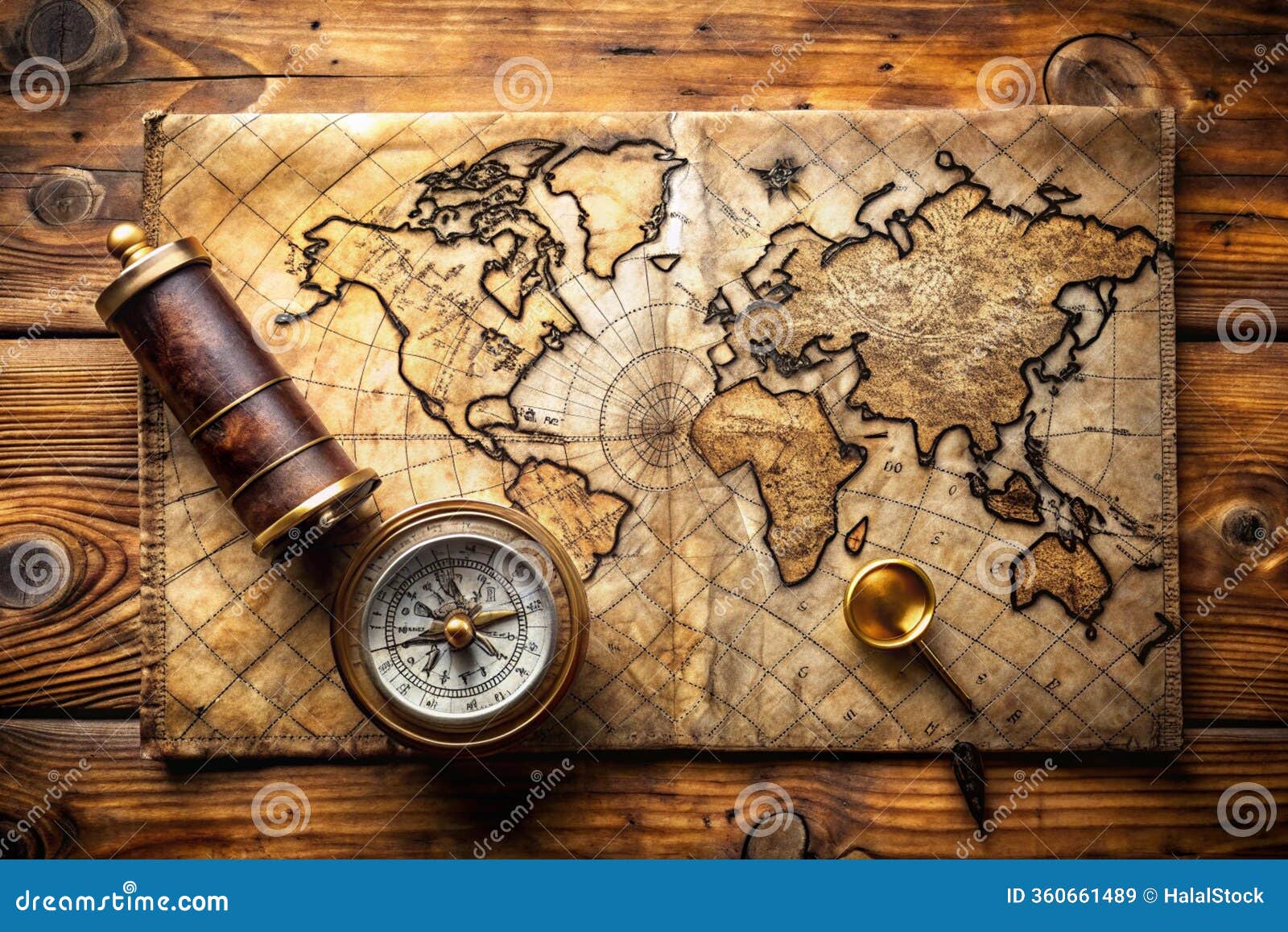 Aged Map, Ruler, Rope And Old Compass Stock Photo | CartoonDealer.com ...