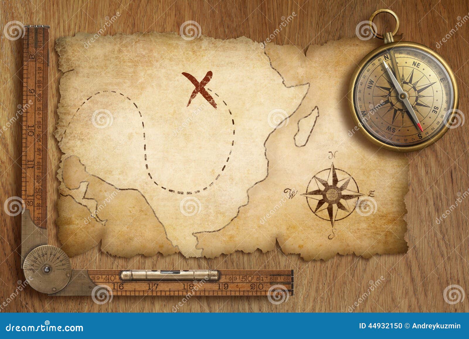 Aged Map, Ruler, Rope And Old Compass Stock Photo | CartoonDealer.com ...