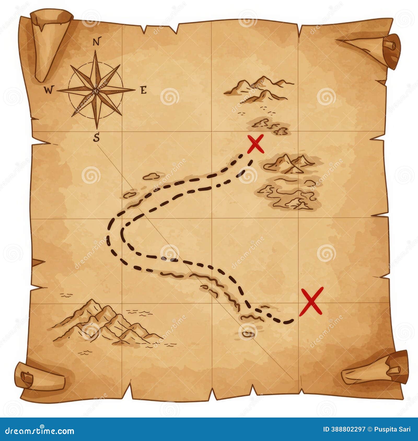 Aged Treasure Map, Ruler, And Old Bronze Compass On Table Royalty-Free ...