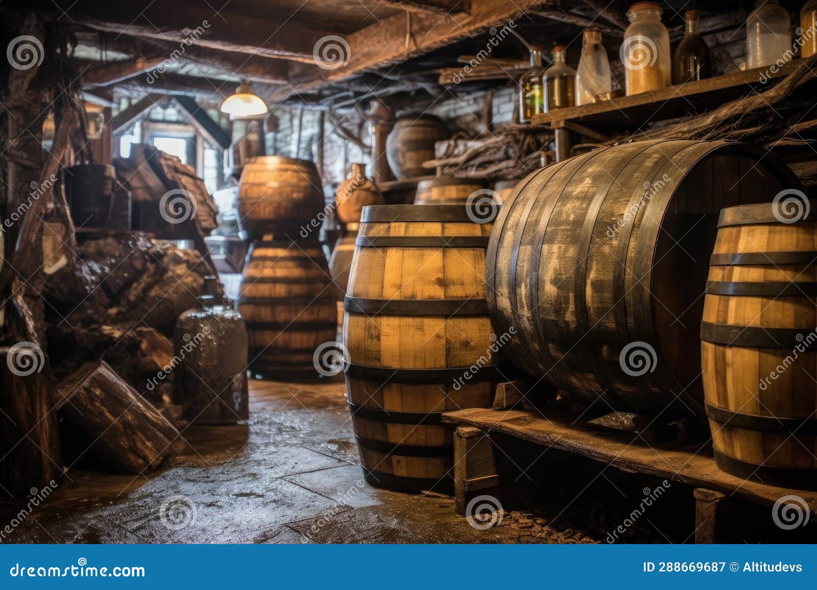 Aged Whiskey Barrels With A Glimpse Of The Distillation Process In The ...
