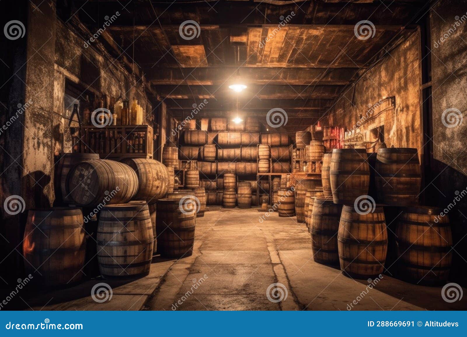 Aged Whiskey Barrels Stacked in a Rustic Warehouse Stock Image - Image ...