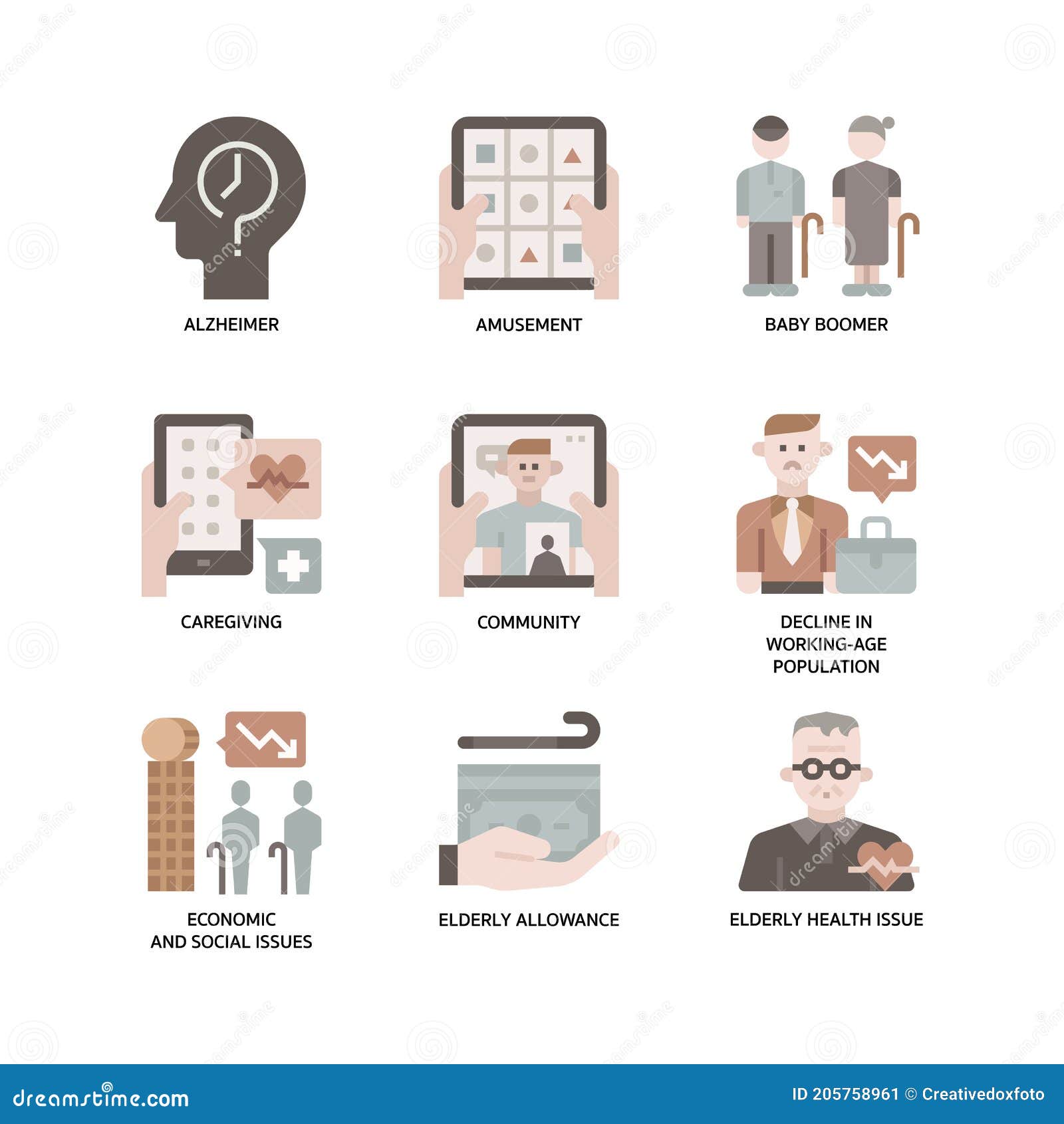 Ageing Society icons set stock vector. Illustration of ageing - 205758961