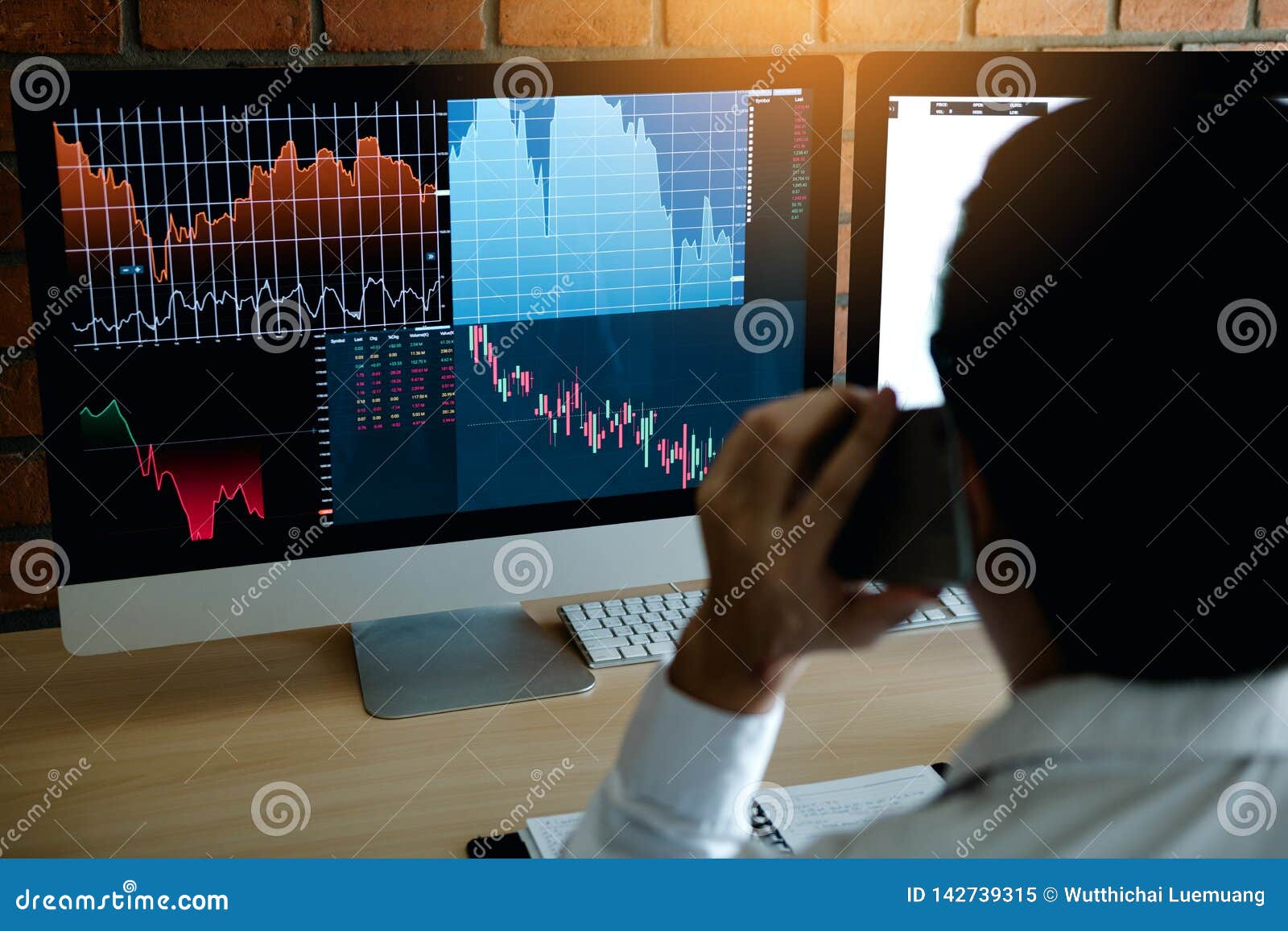 Agent Trader Man Talking at Telephone and Checking Business Stock Data ...