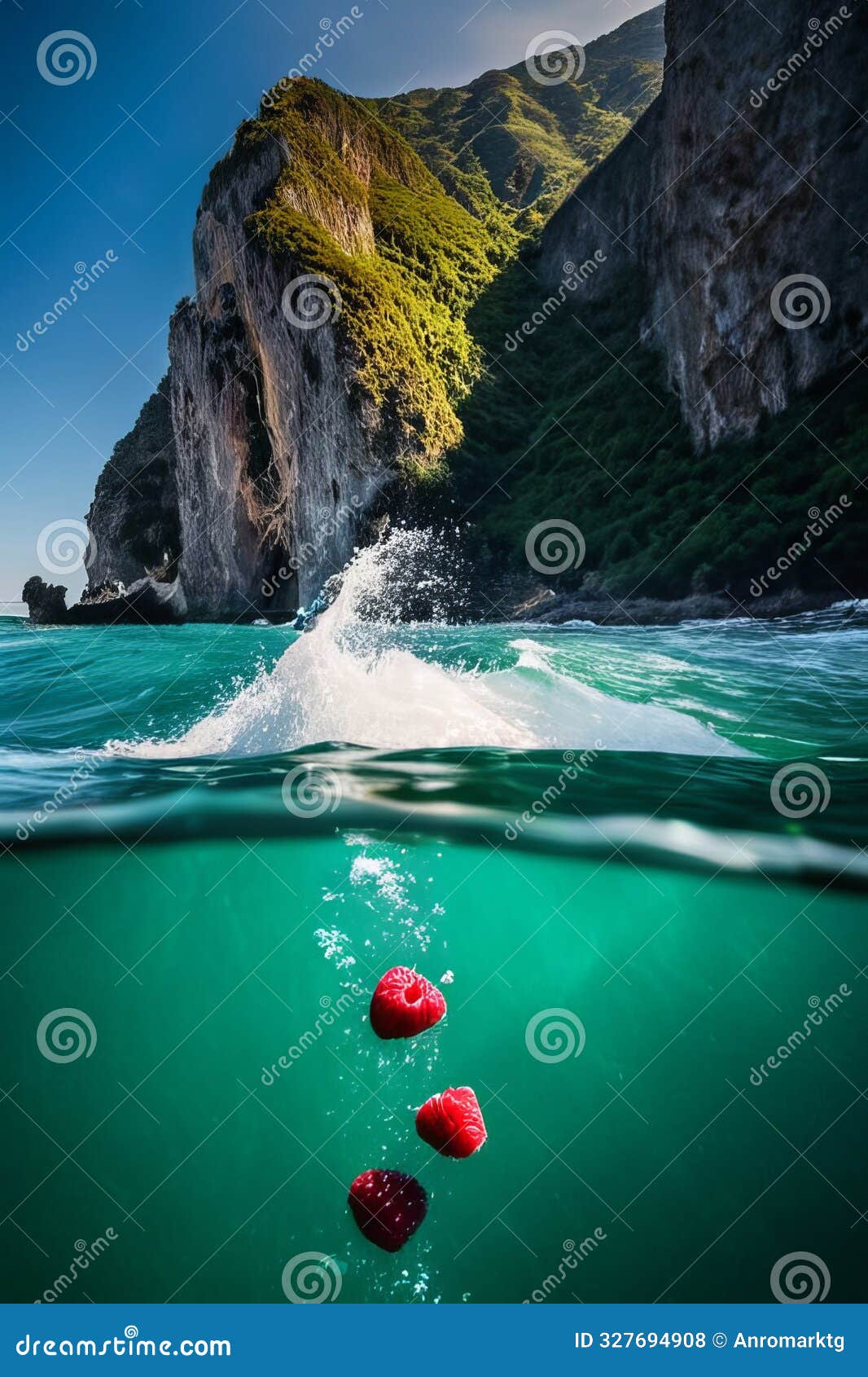Splash Water Aggregate Raspberry Fruit Splashing in a Sea of Emerald ...